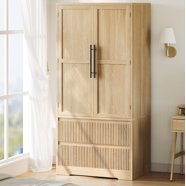 Woodpeckers Furniture and Mattress Pine Wood Closet with Rattan Doors ...