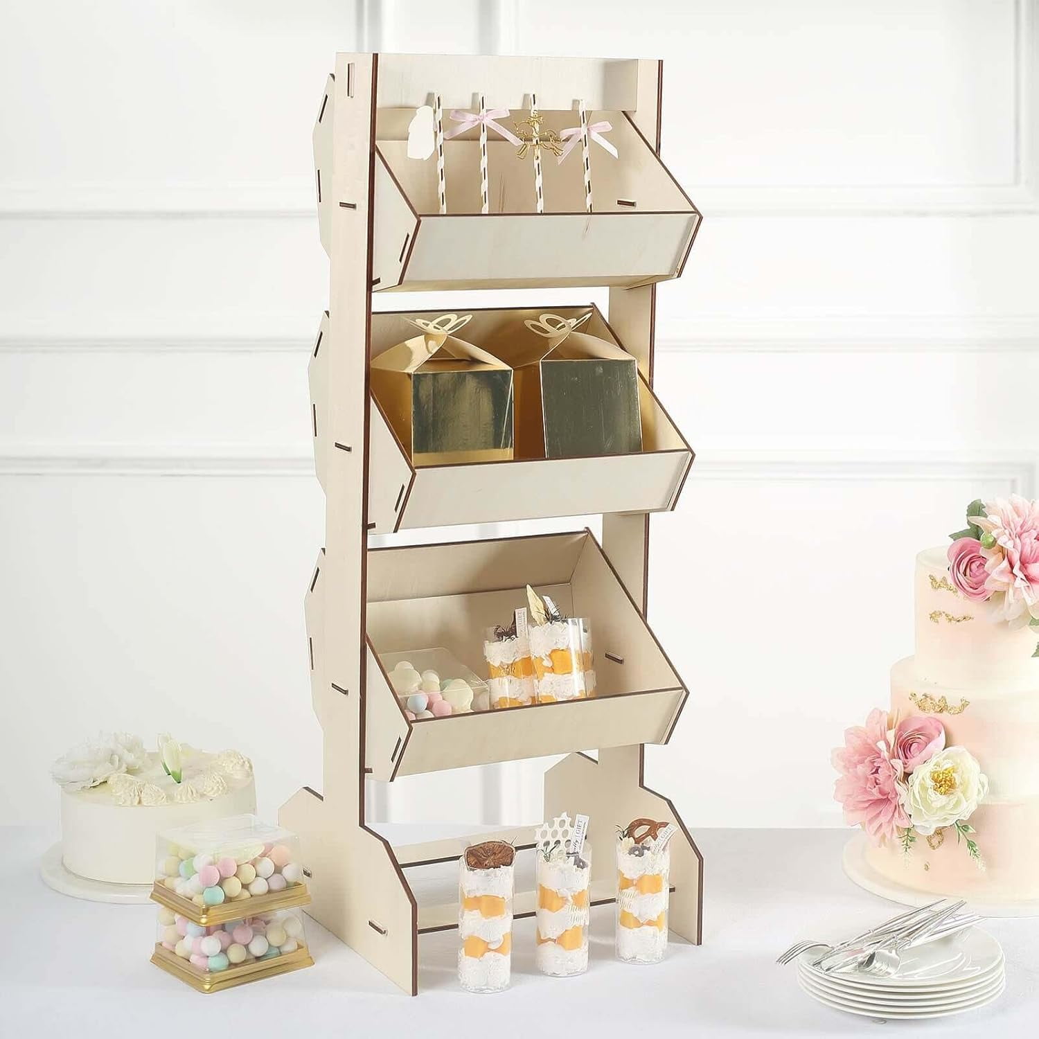 Natural Wooden 3-Tier Basket Floor Standing Display Rack, Rustic ...