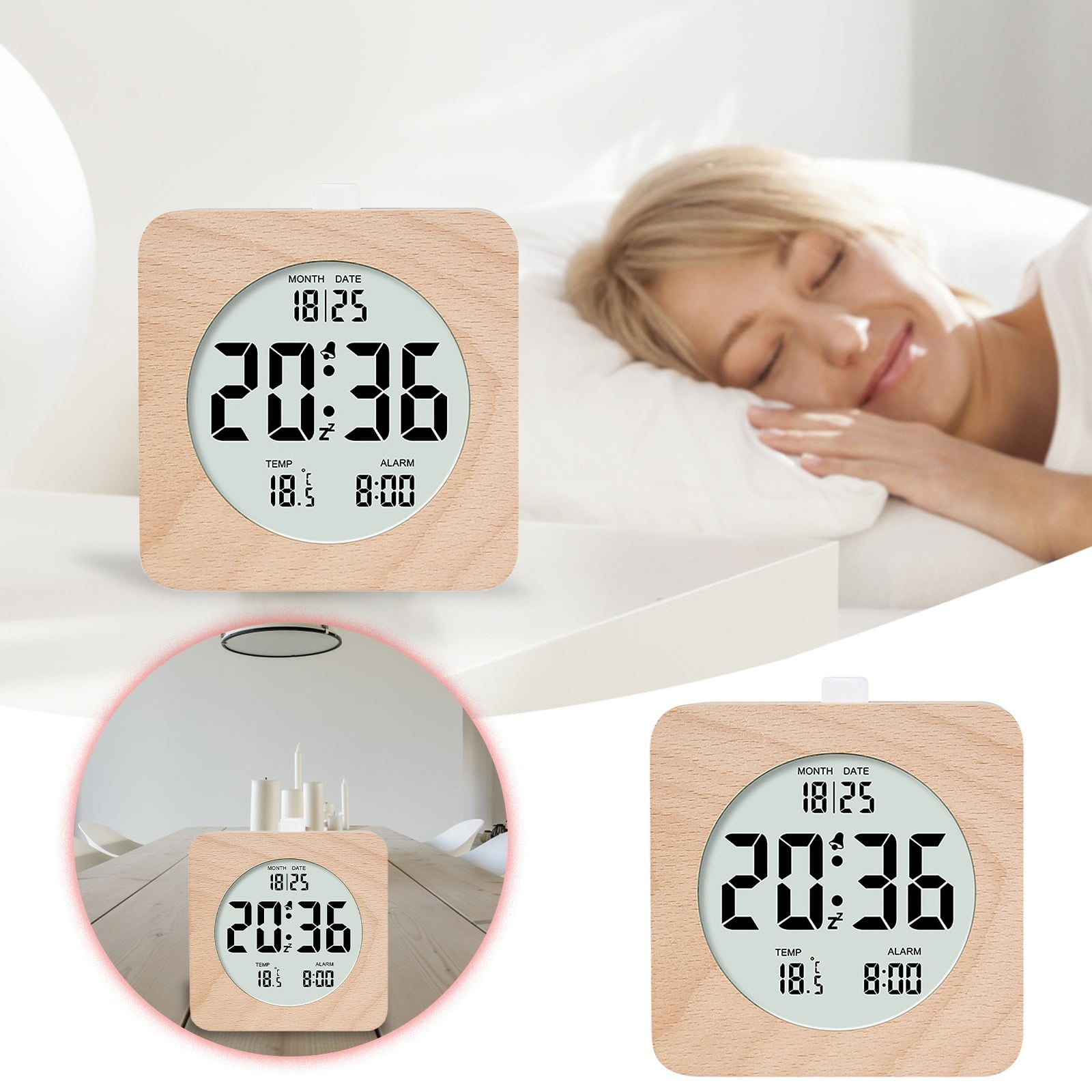 Natural Wooden Alarm Clock, Multifunctional Solid Wood Style Alarm ...