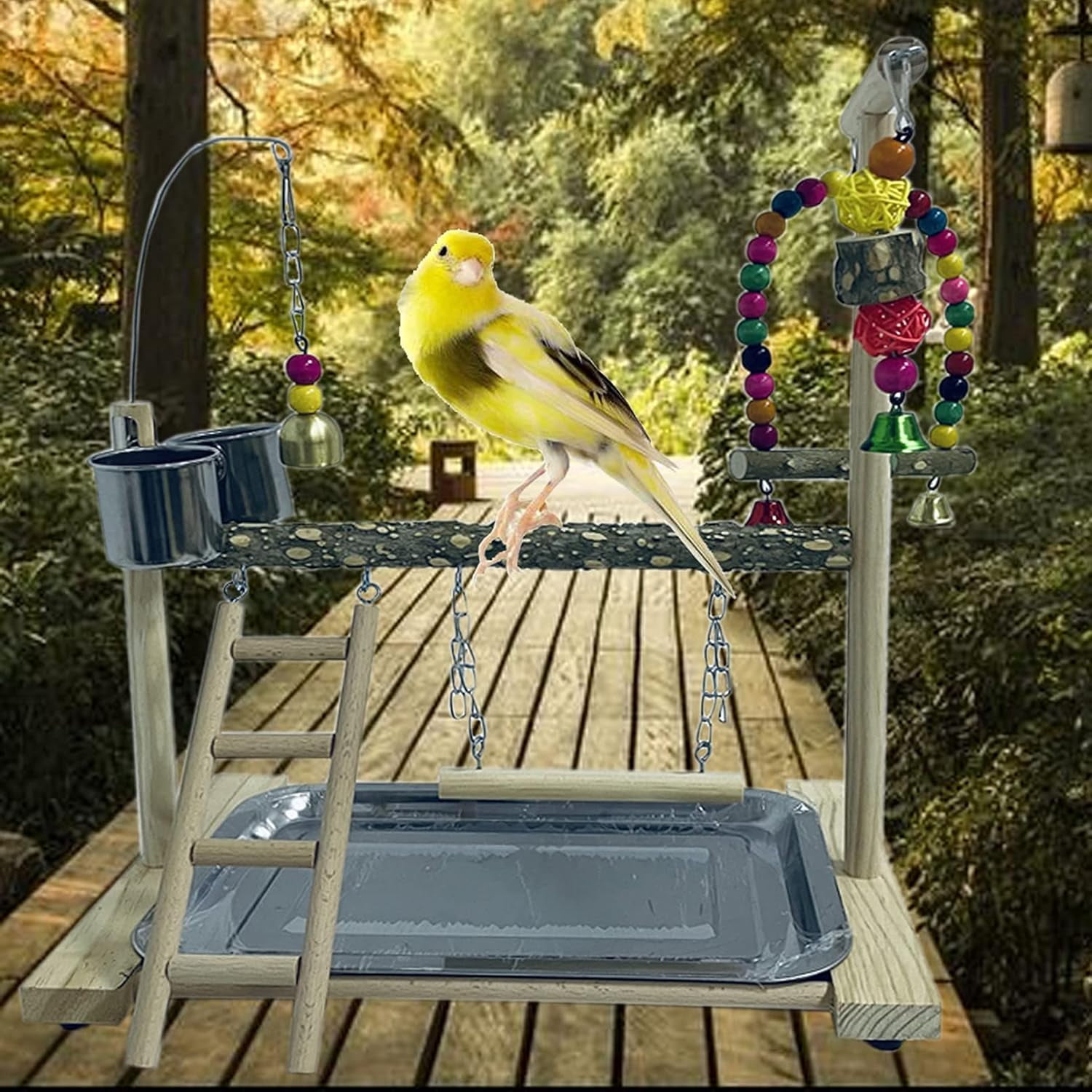 Natural Wooden Bird Gym with Feeder Cups for Parakeets & Small Birds ...