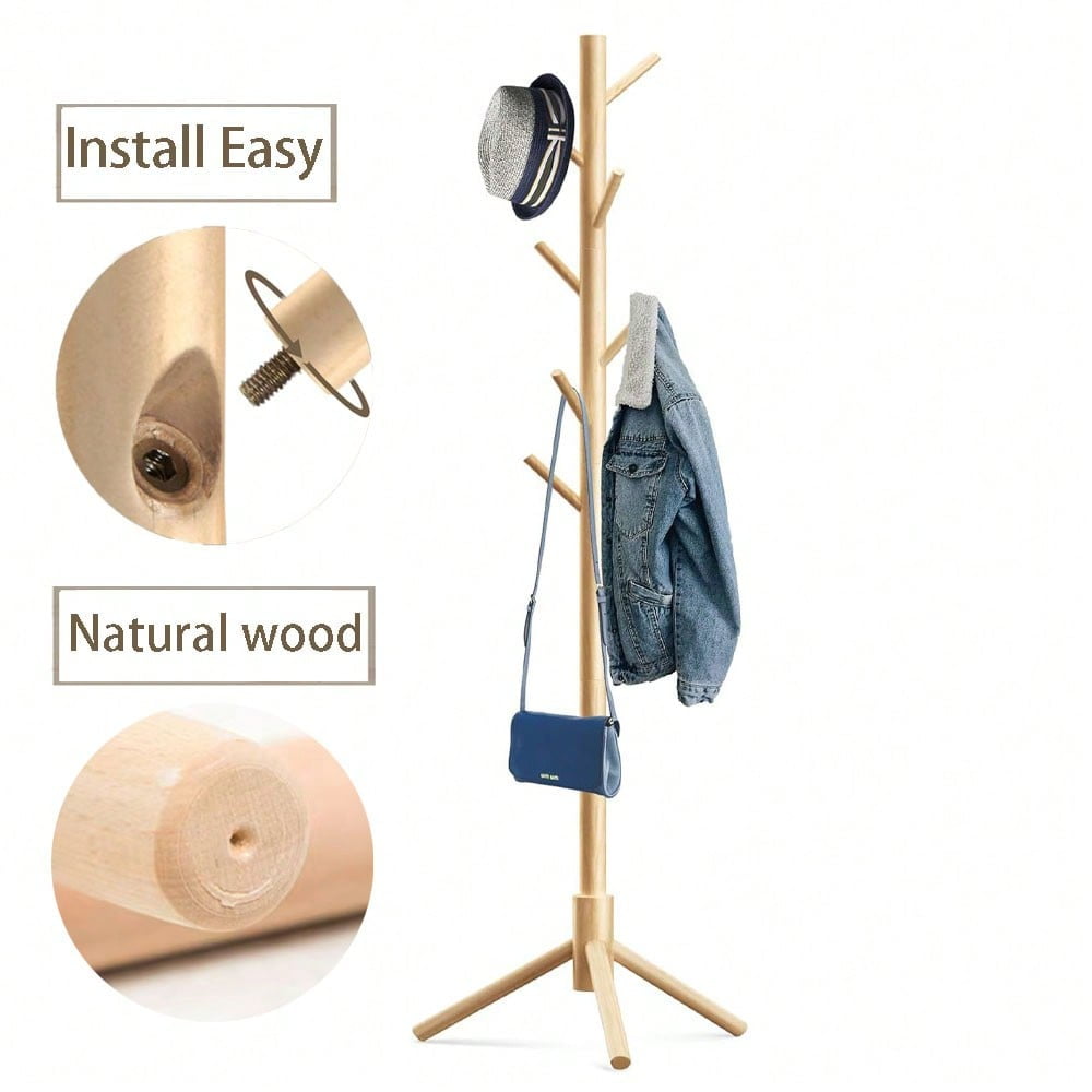 Natural Wooden Coat Rack Stand,Sturdy Freestanding Coat Rack With 8 ...