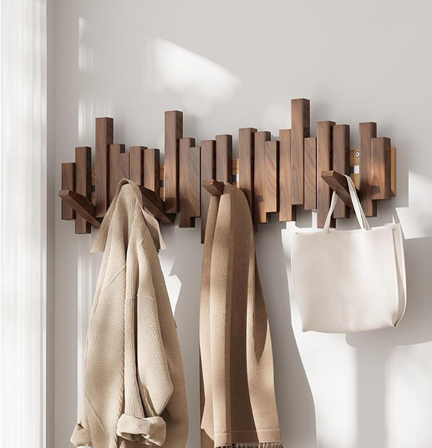 Natural Wooden Coat Rack Wall Mount, Piano Shape Wall Coat Rack for Entryway, Accordion Wall ...