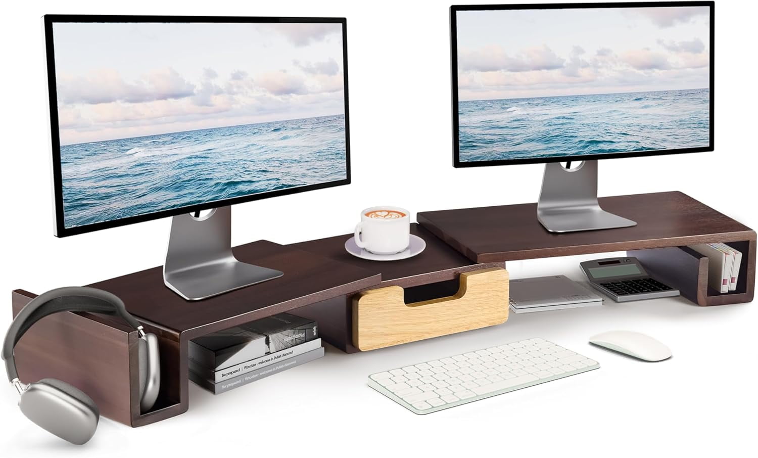 Natural Wooden Dual Monitor Stand Riser with Drawer, 40.4'' Ergonomic ...