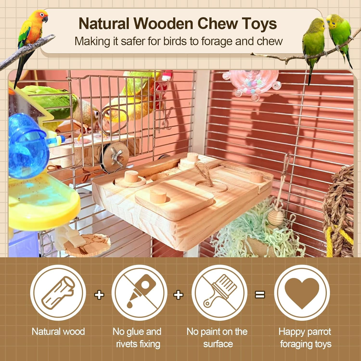 Natural Wooden Foraging Puzzle Toys for Parakeets, Budgies & Small ...