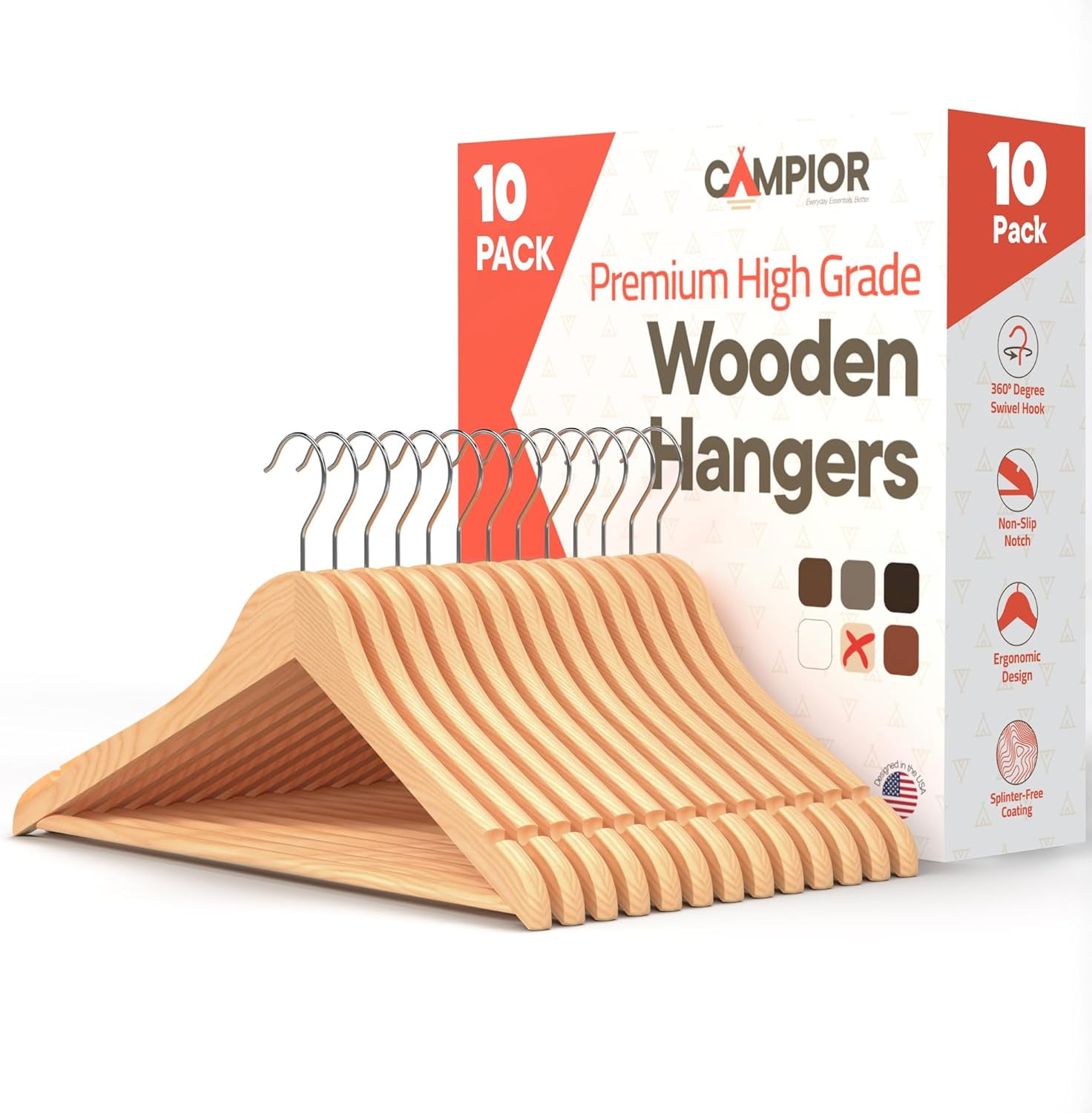Campior Wooden Clothes Hangers, Durable, Non-Slip, 360° Swivel Hook ...
