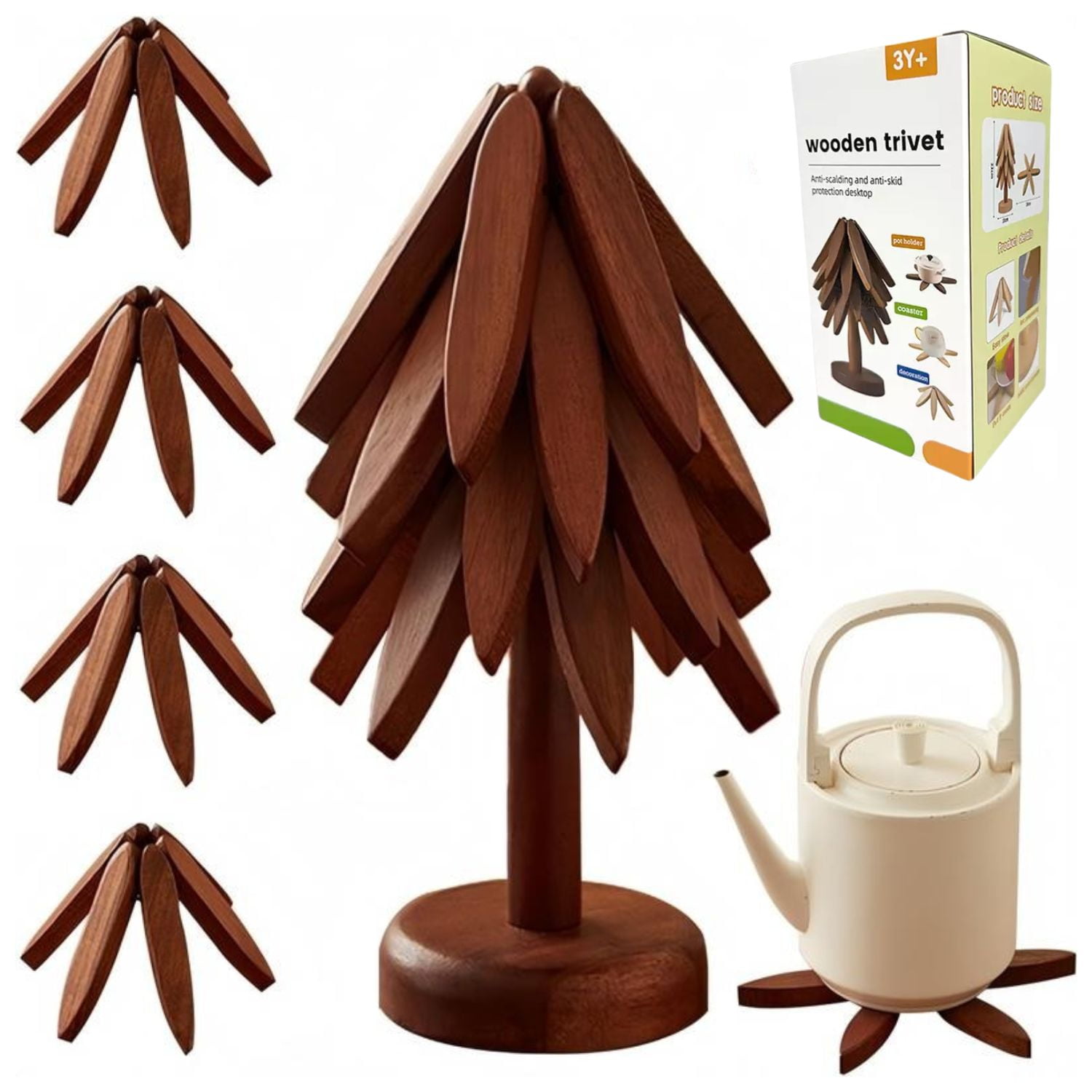Natural Wooden Trivet Set (4 Trivets + 1 Stand) - Heat-Resistant ...