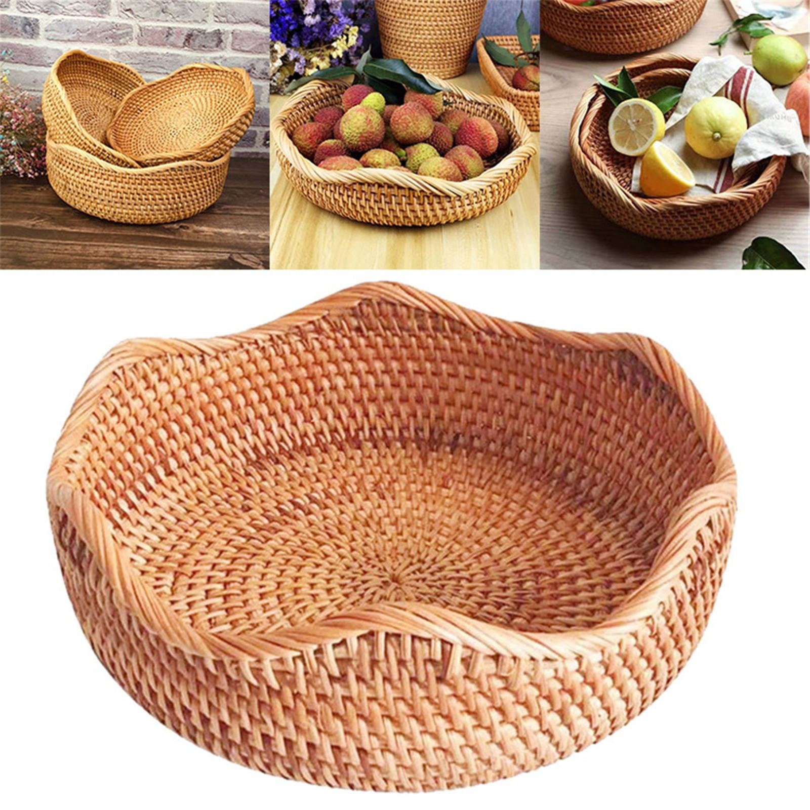 Natural Woven Cane Bread Basket, Round Fruit Storage Bowl for Kitchen ...