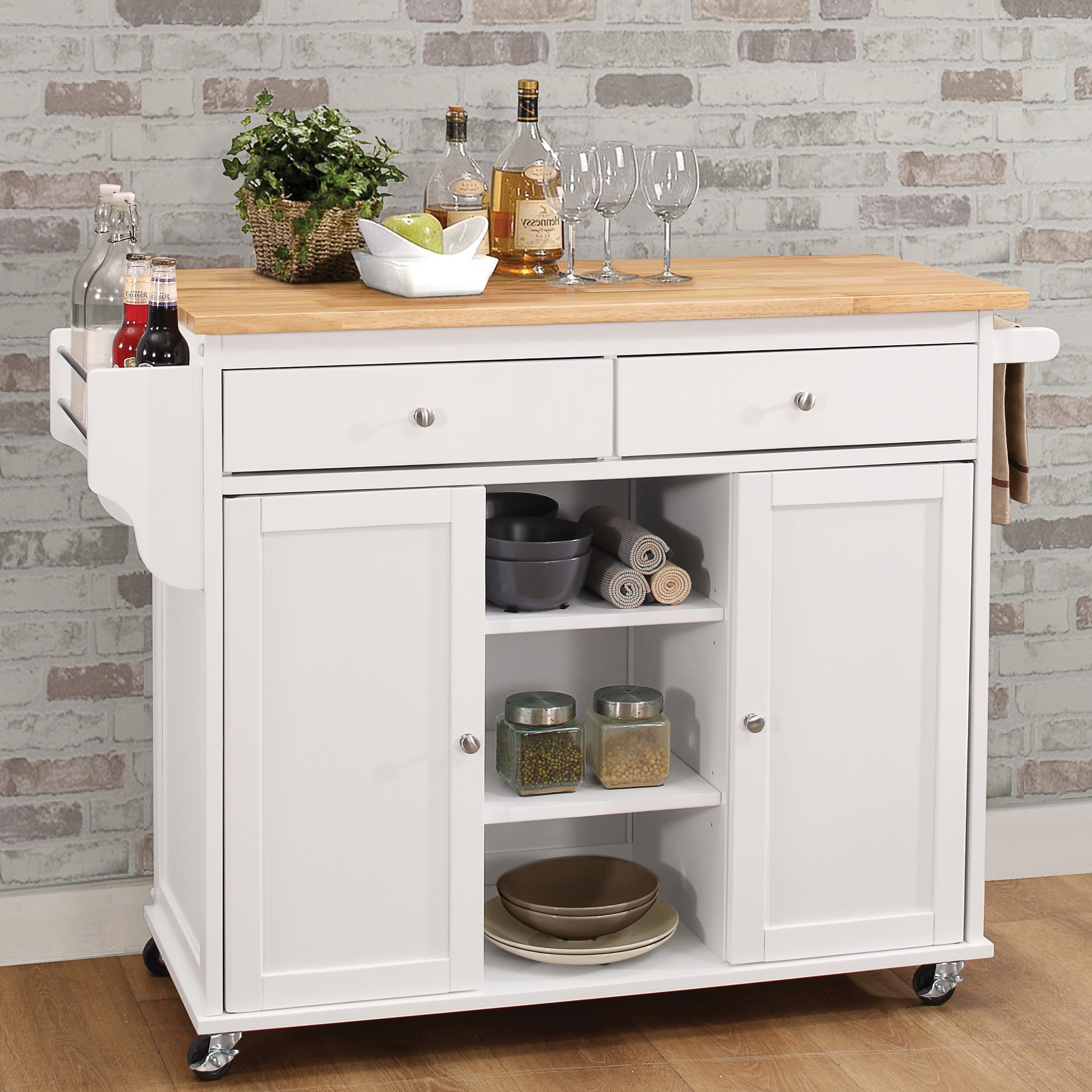 Natural and White 2-Door Kitchen Cart with 2 Drawers,Natural+White ...