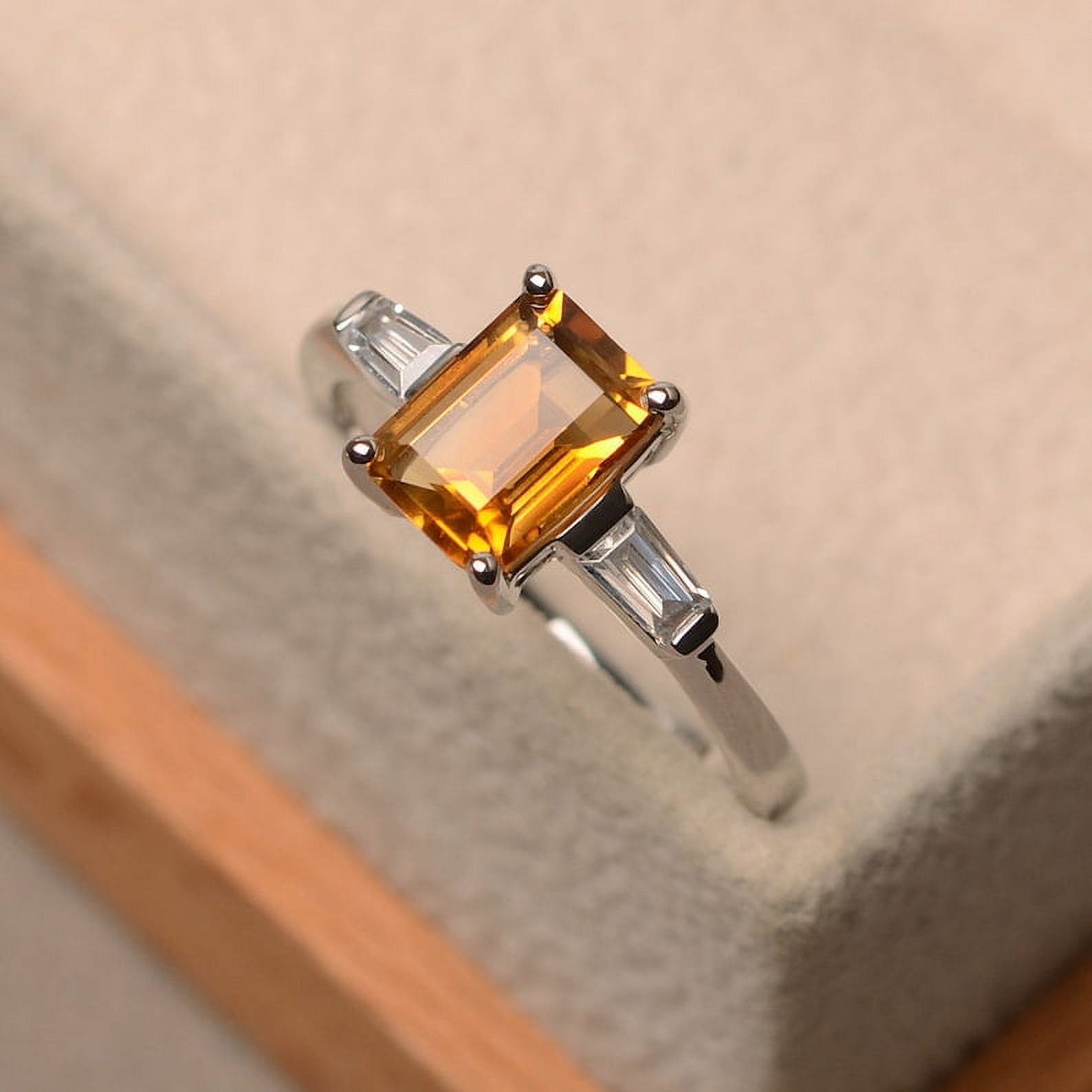 Natural citrine ring, emerald cut ,statement ring, three stones ring, November birthstone ring ...