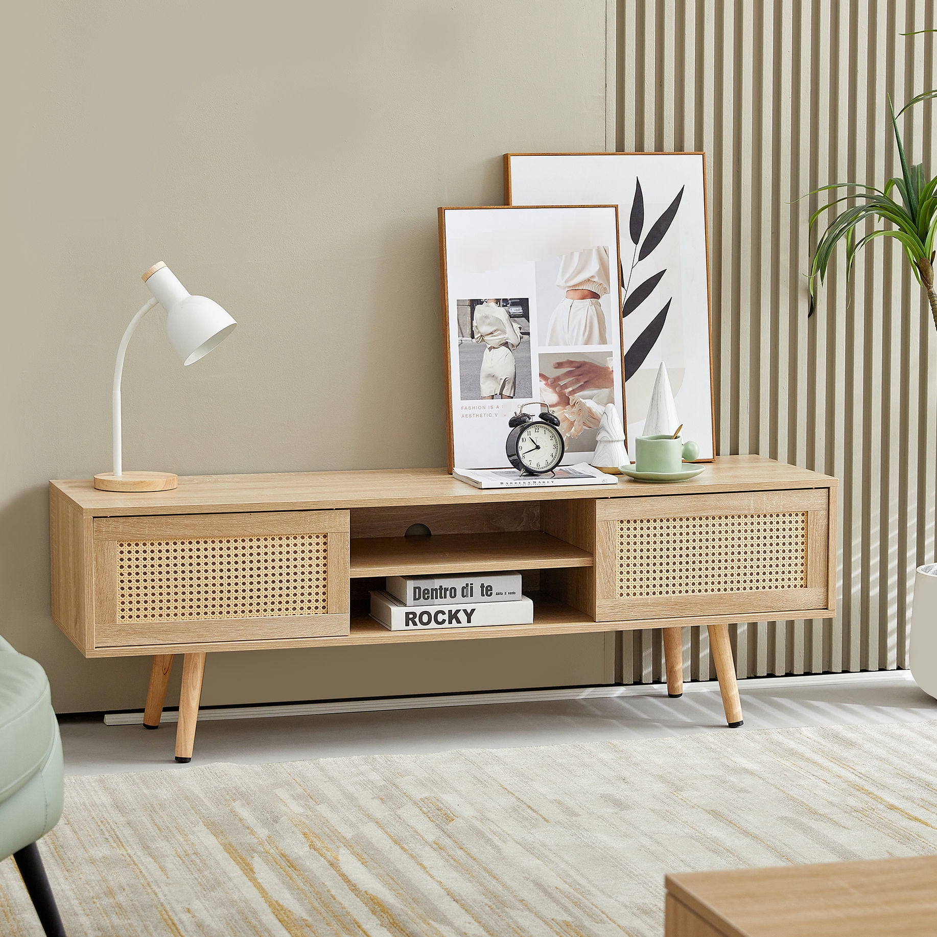Natural rattan 55.12 - inch TV cabinet with adjustable shelf and ...