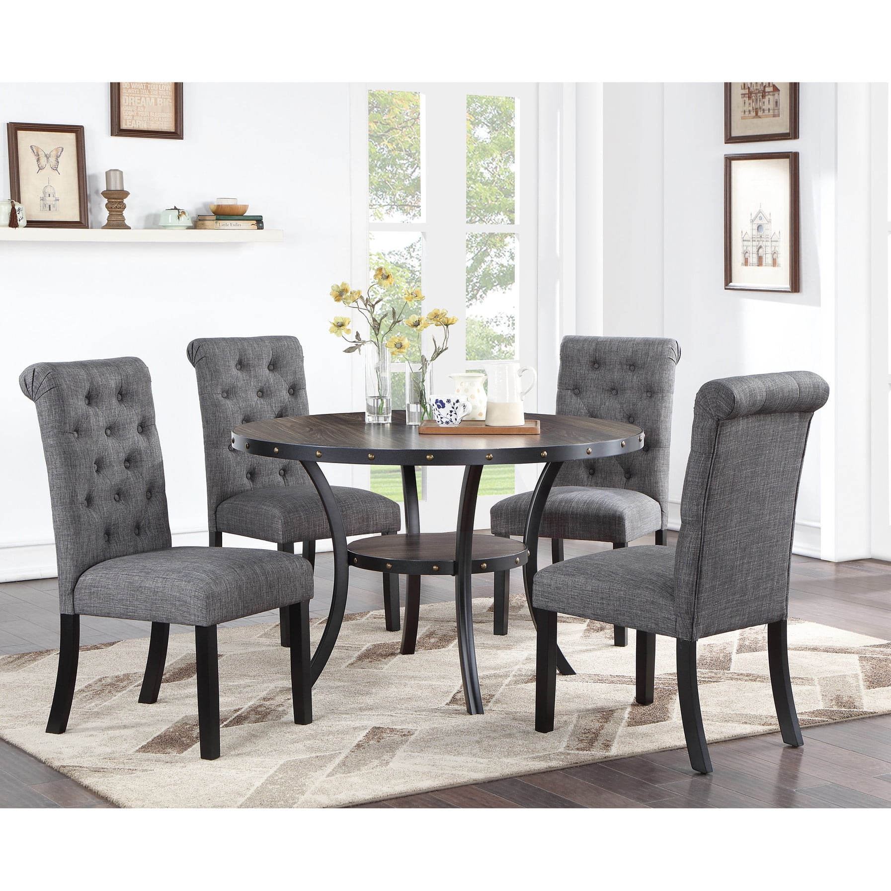 Natural rubberwood round table with nail head trim and 4 charcoal ...