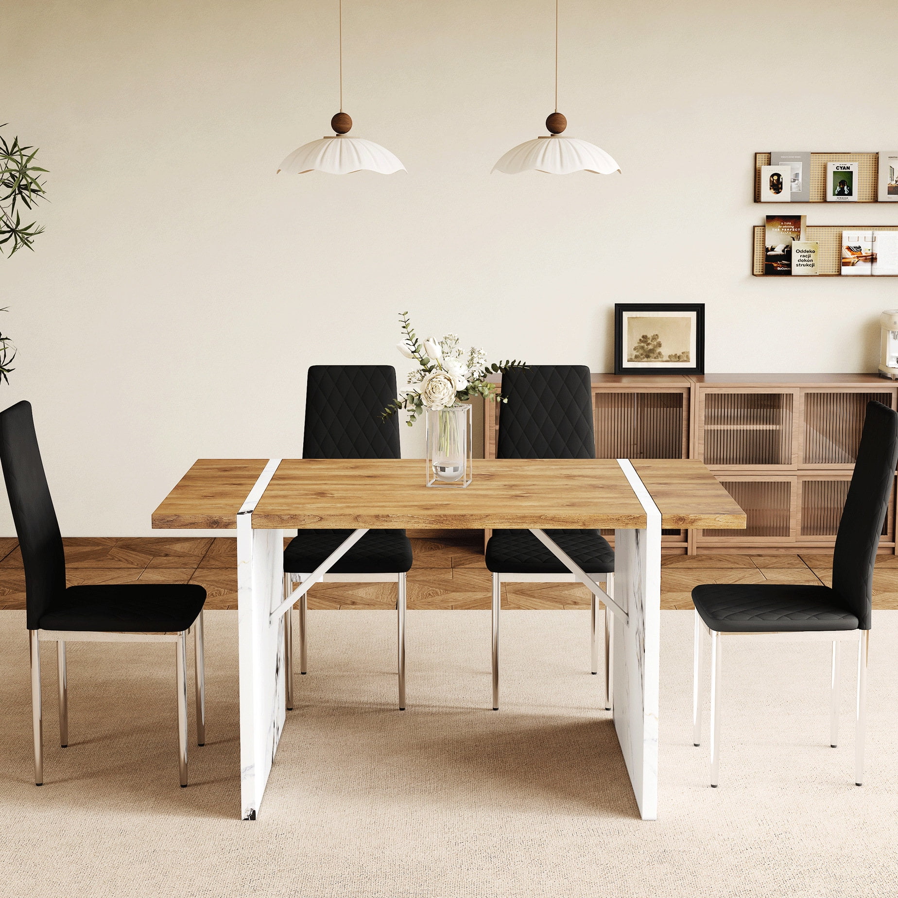 Natural wood grain MDF dining table with metal frame support paired ...