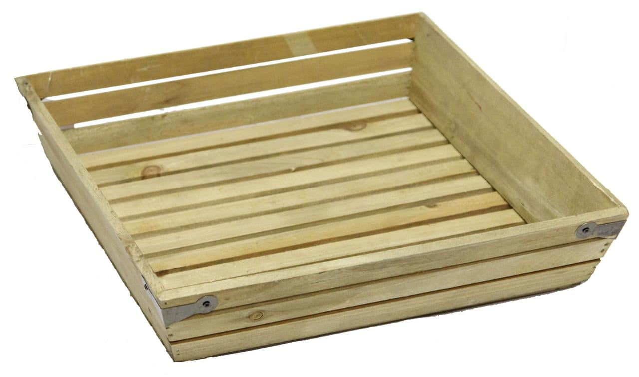 Natural wood large shallow square crate with metal corner design ...