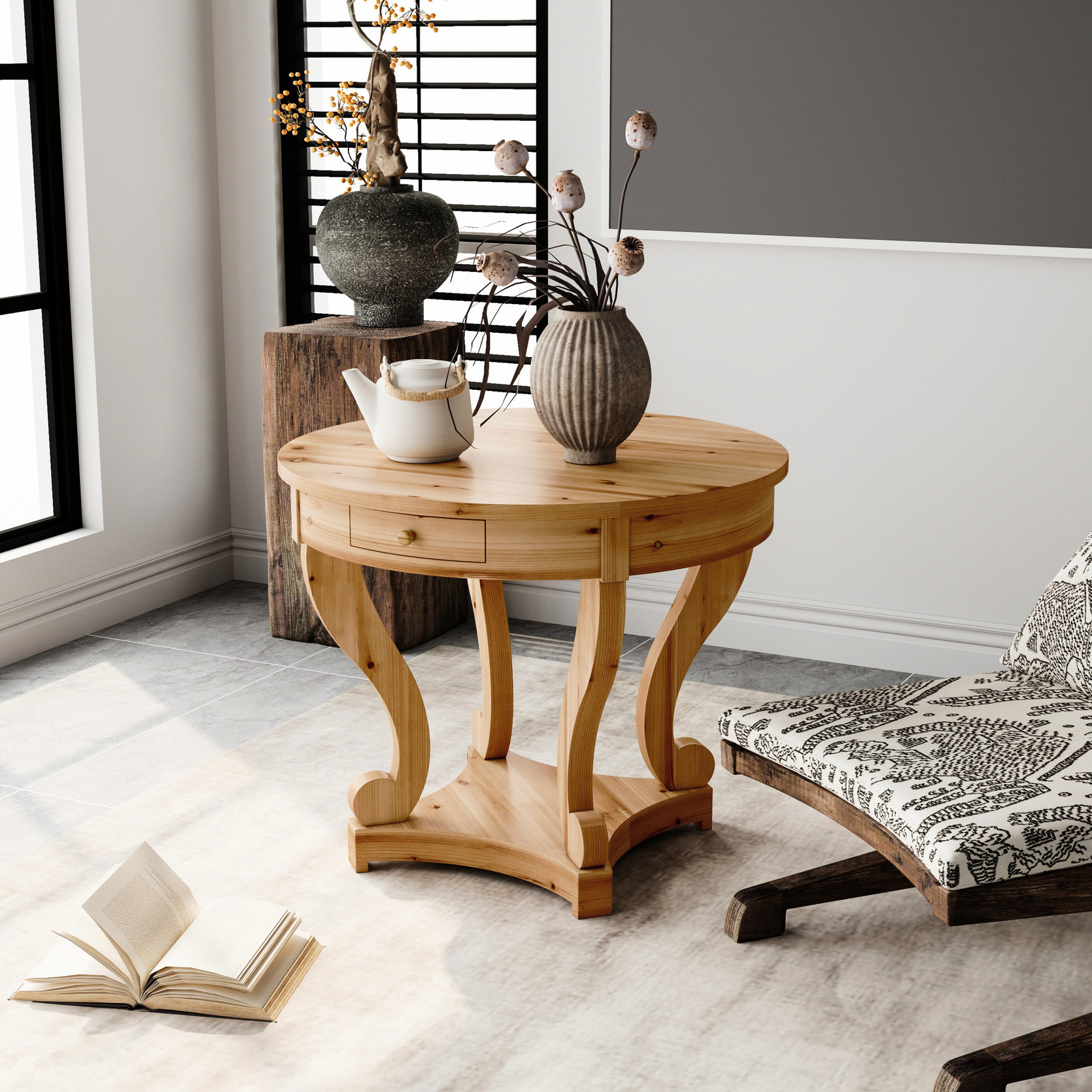 Natural wood round table for living room / Creates a shabby chic ...