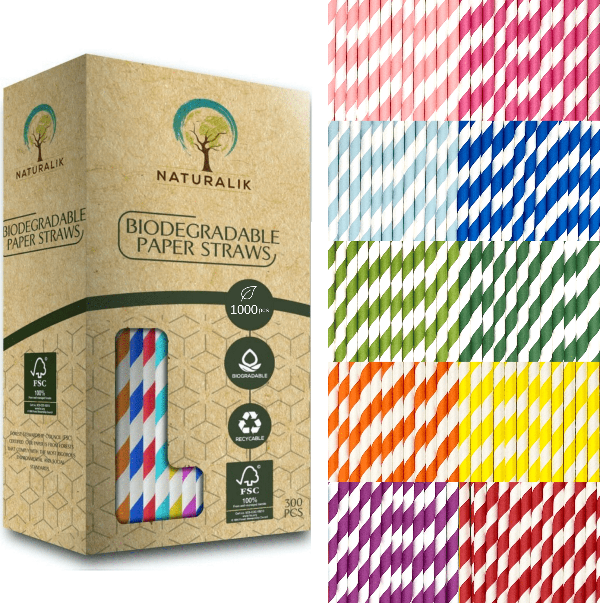 Naturalik 1000 Pack Multicolor Extra Durable Paper Straws Biodegradable