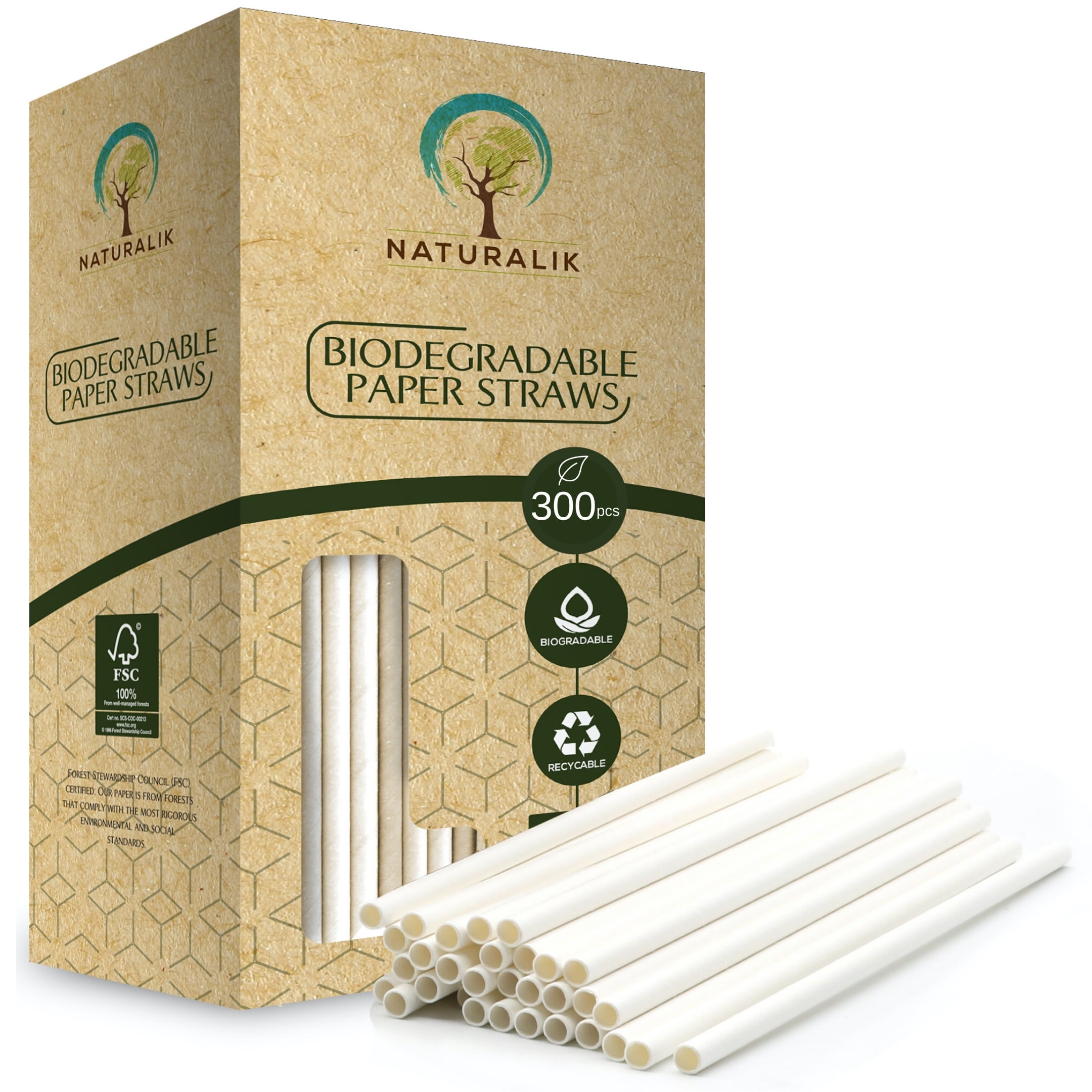 Naturalik 300-Pack Biodegradable Paper Straws White Dye-Free- Premium ...