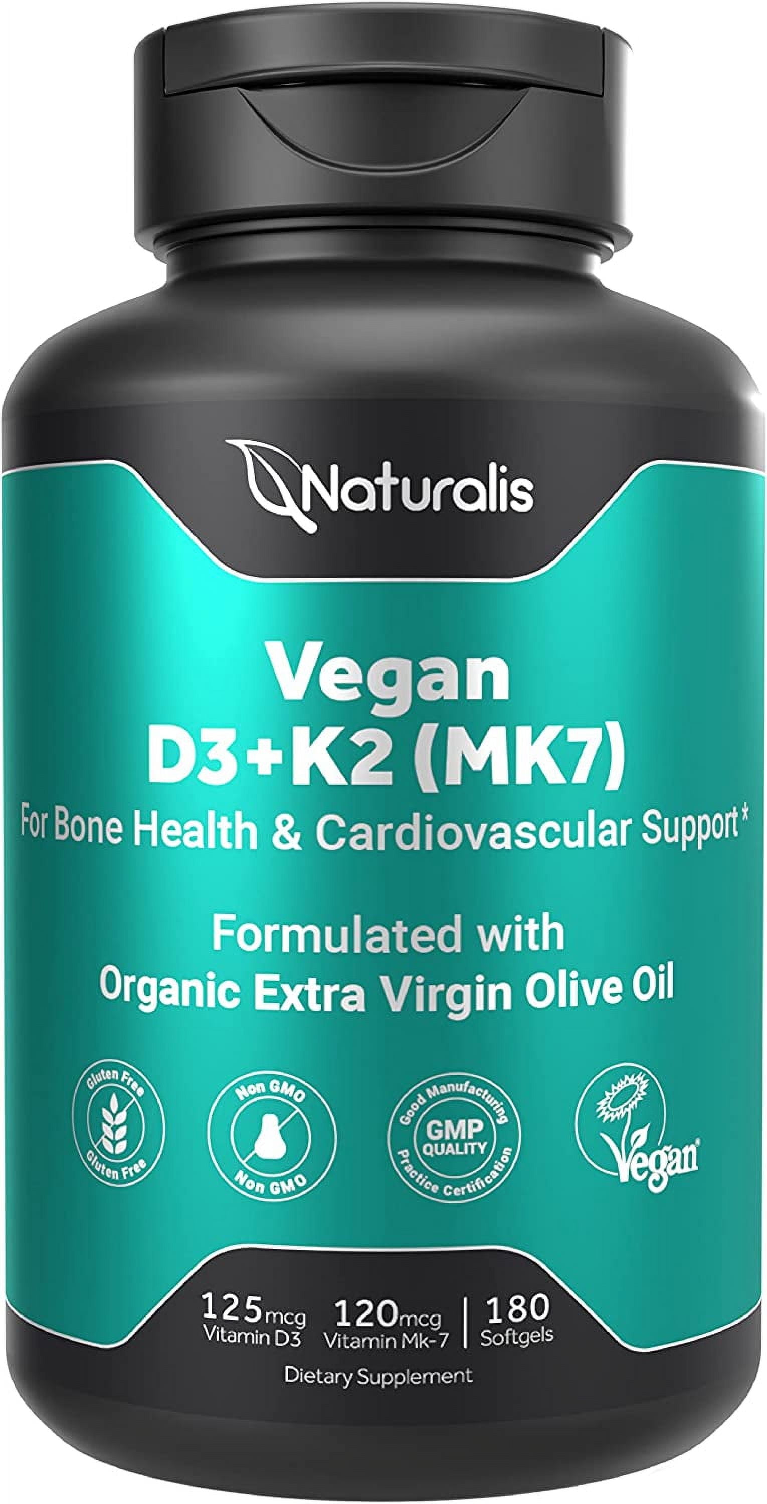 Naturalis Vegan Vitamin D3 + K2 with Extra Virgin Olive Oil | 5000iu Vitamin D with 120mcg MK7 ...