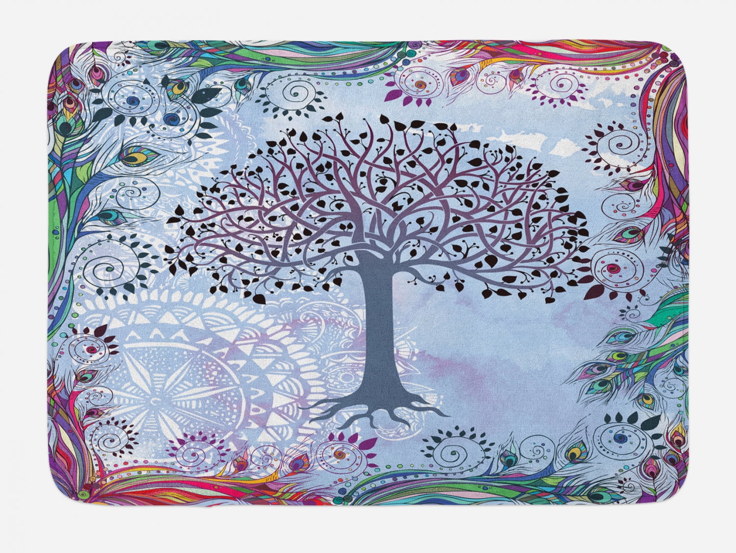 Nature Bath Mat, Cute Tree of Life Motif with Peacock Feathers Tribal ...