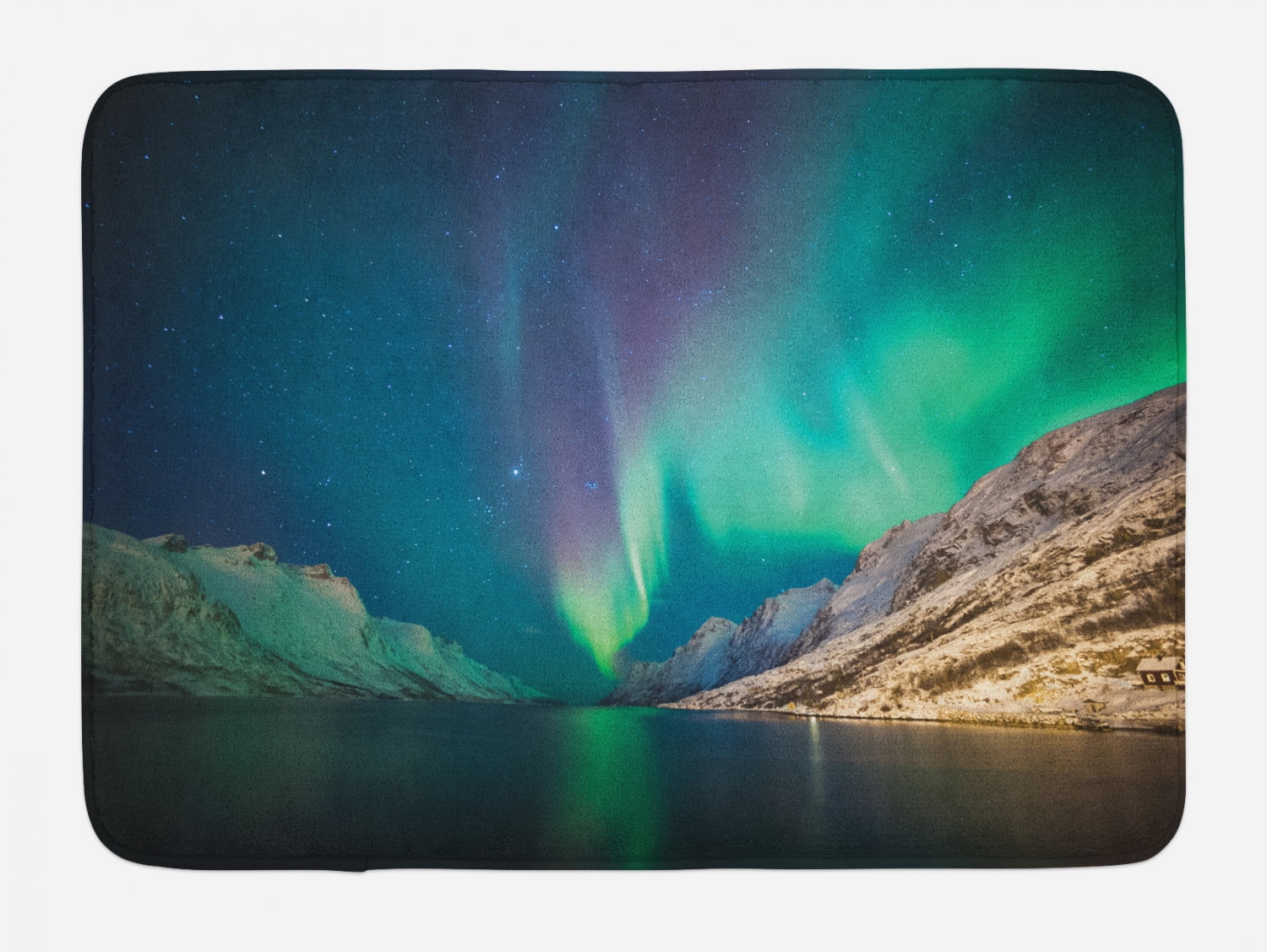 Nature Bath Mat, Mystical Aurora Borealis above the Rocky Hills ...