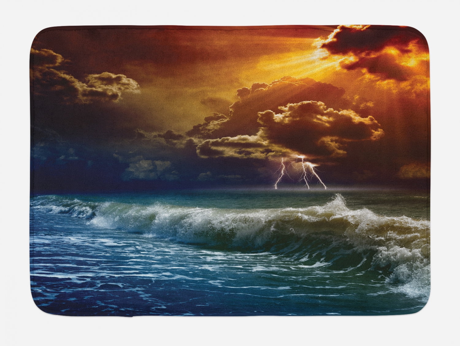 Nature Bath Mat, Thunderstorm Rays over the Ocean Waves Wild Forces ...