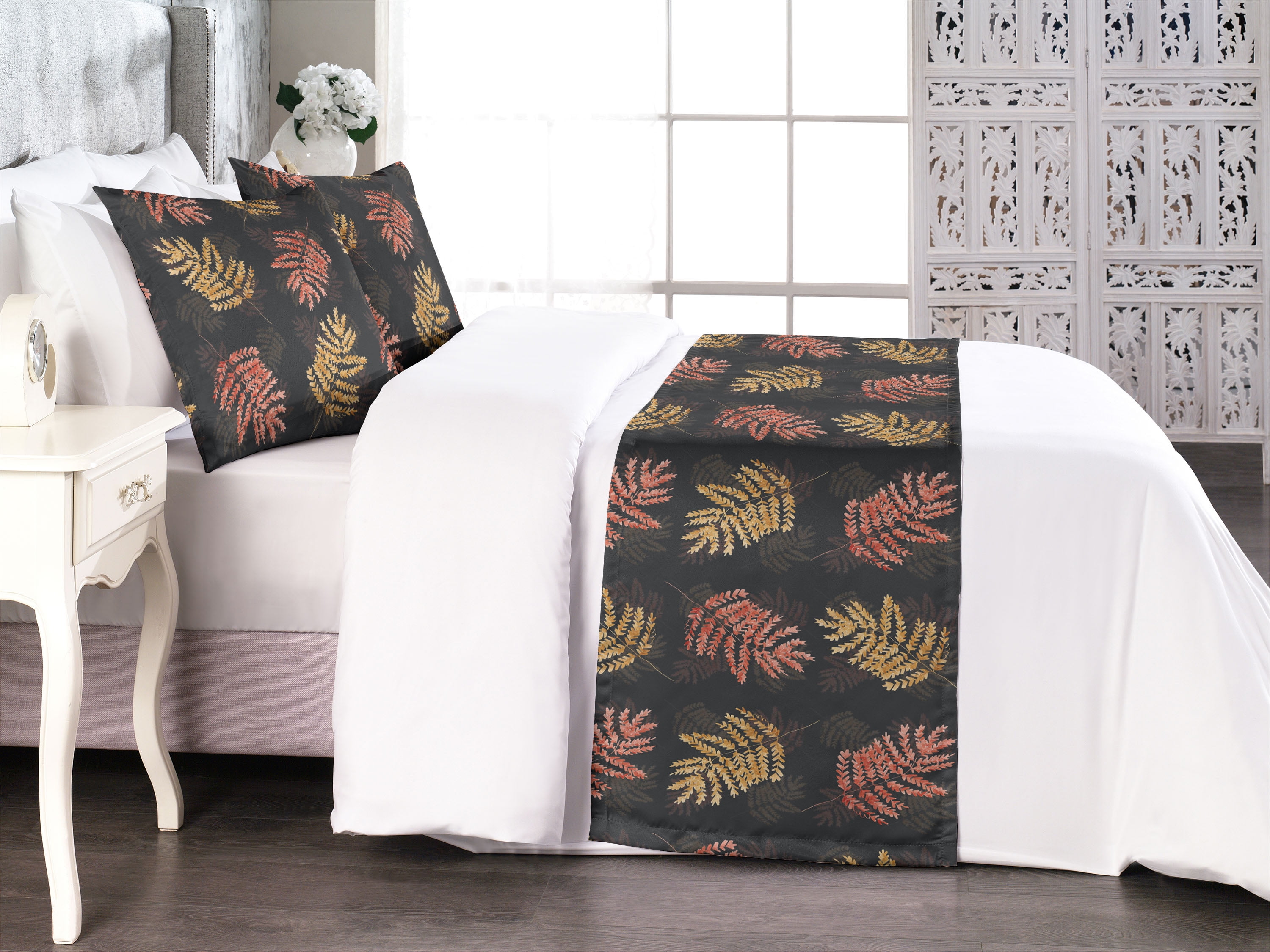 Nature Bed Runner Set, Minimalistic Style Continuous Wild Herbs Pattern ...
