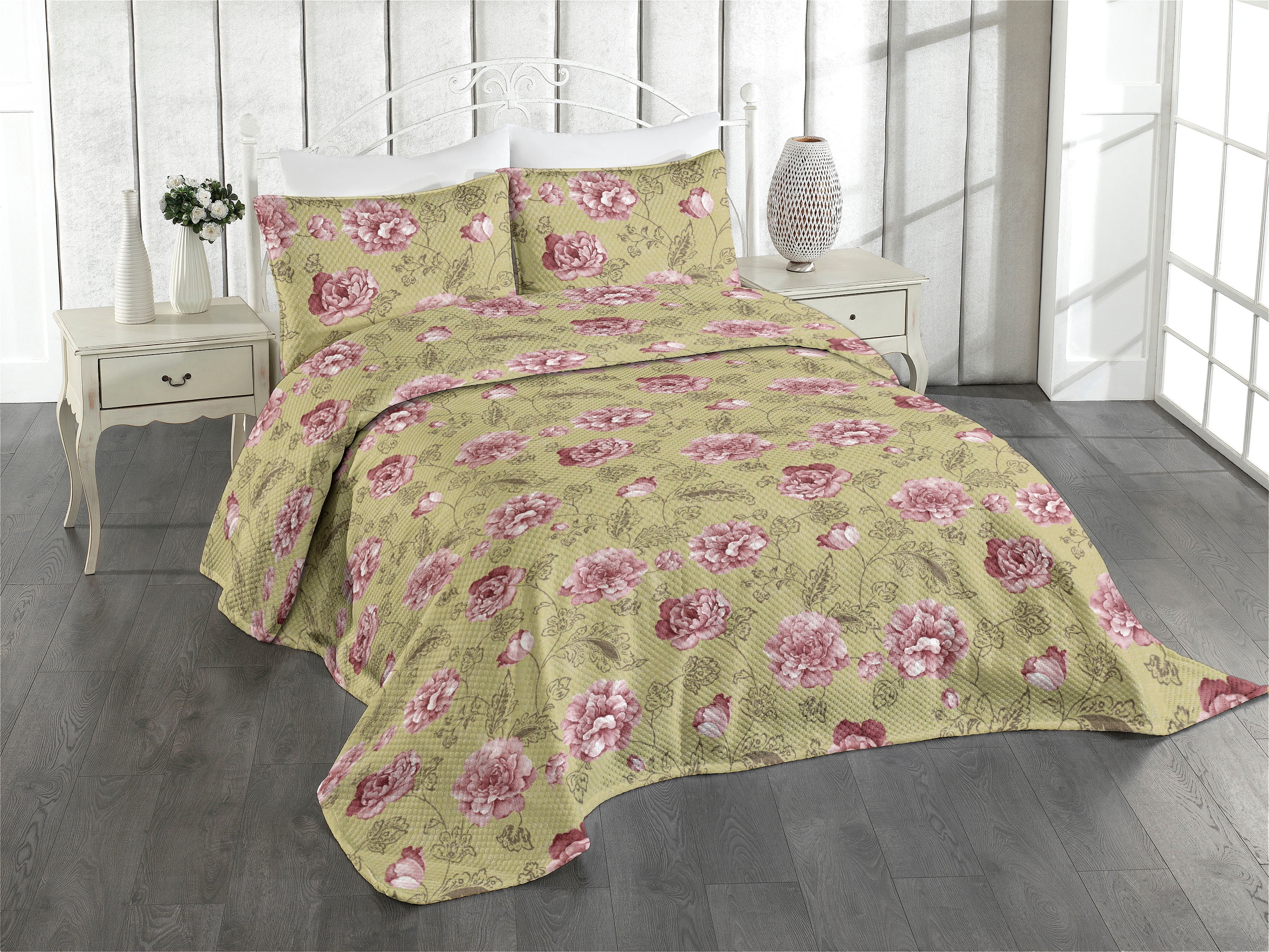 Nature Bedspread, Continuous Pink Flowers Monochrome Leaves Art Floral ...