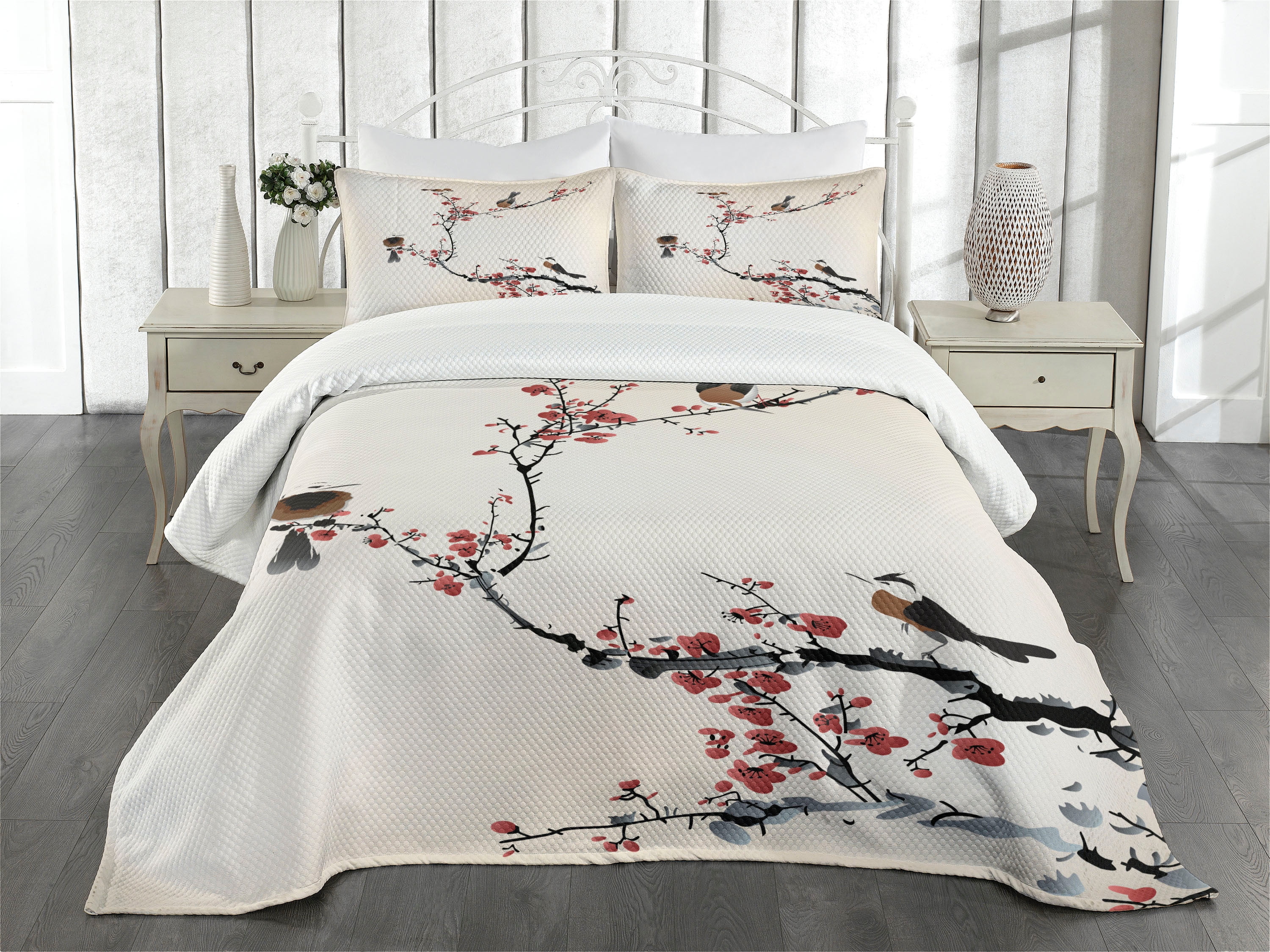 Nature Bedspread Set Queen Size, Birds on Cherry Tree Branches Summer ...