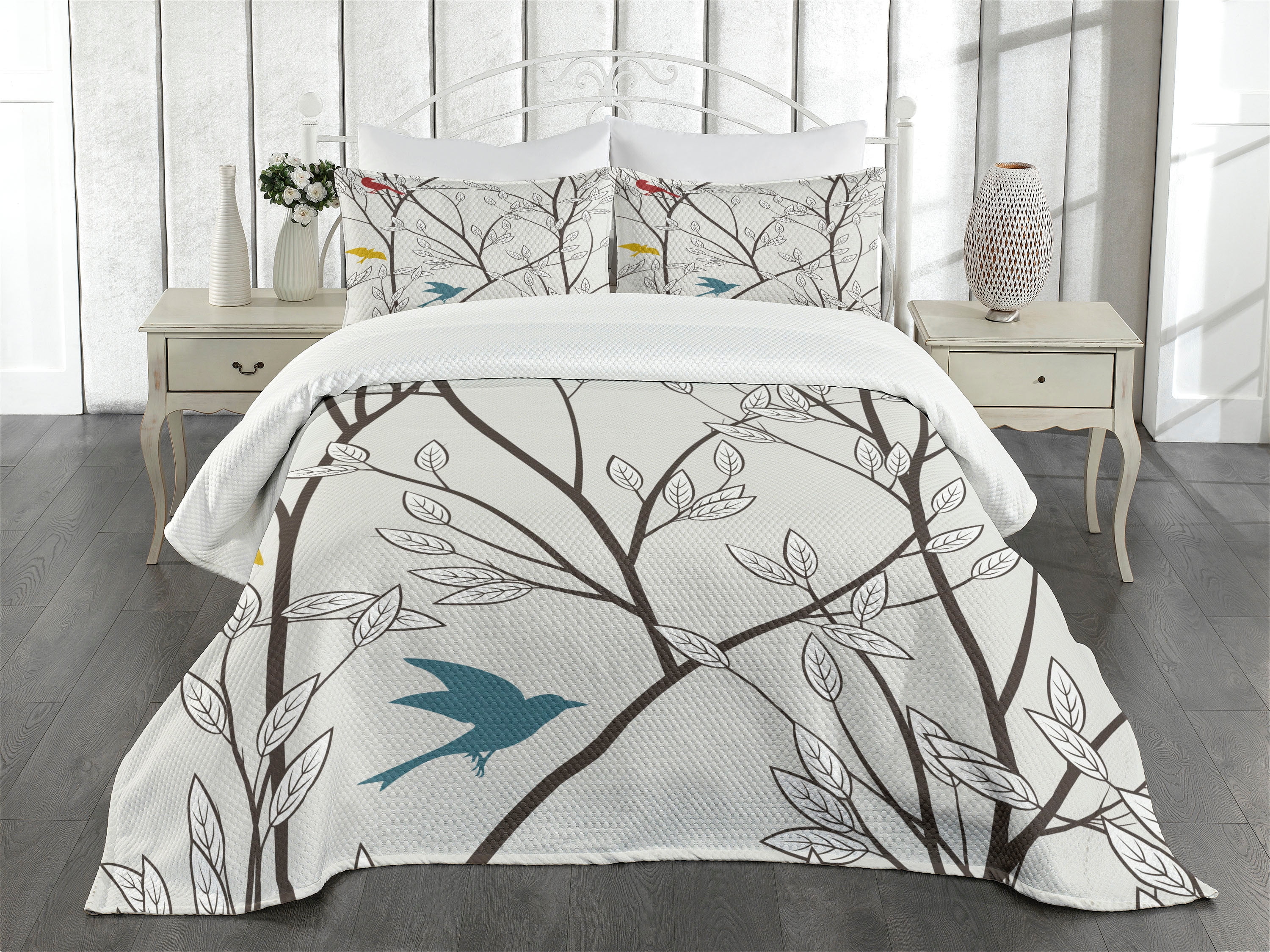 Nature Bedspread Set Queen Size, Birds Wildlife Cartoon Like Image with ...