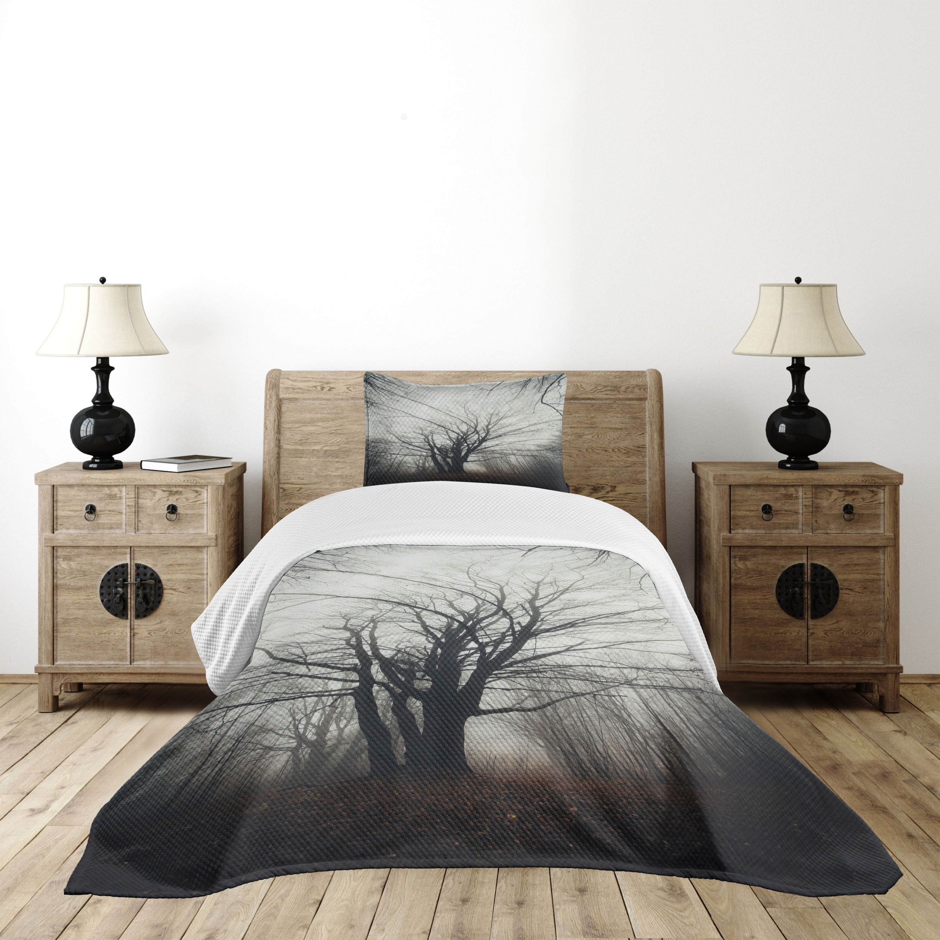 Nature Bedspread Set Twin Size, Vertical Photo of Autumn Tree in Dark ...