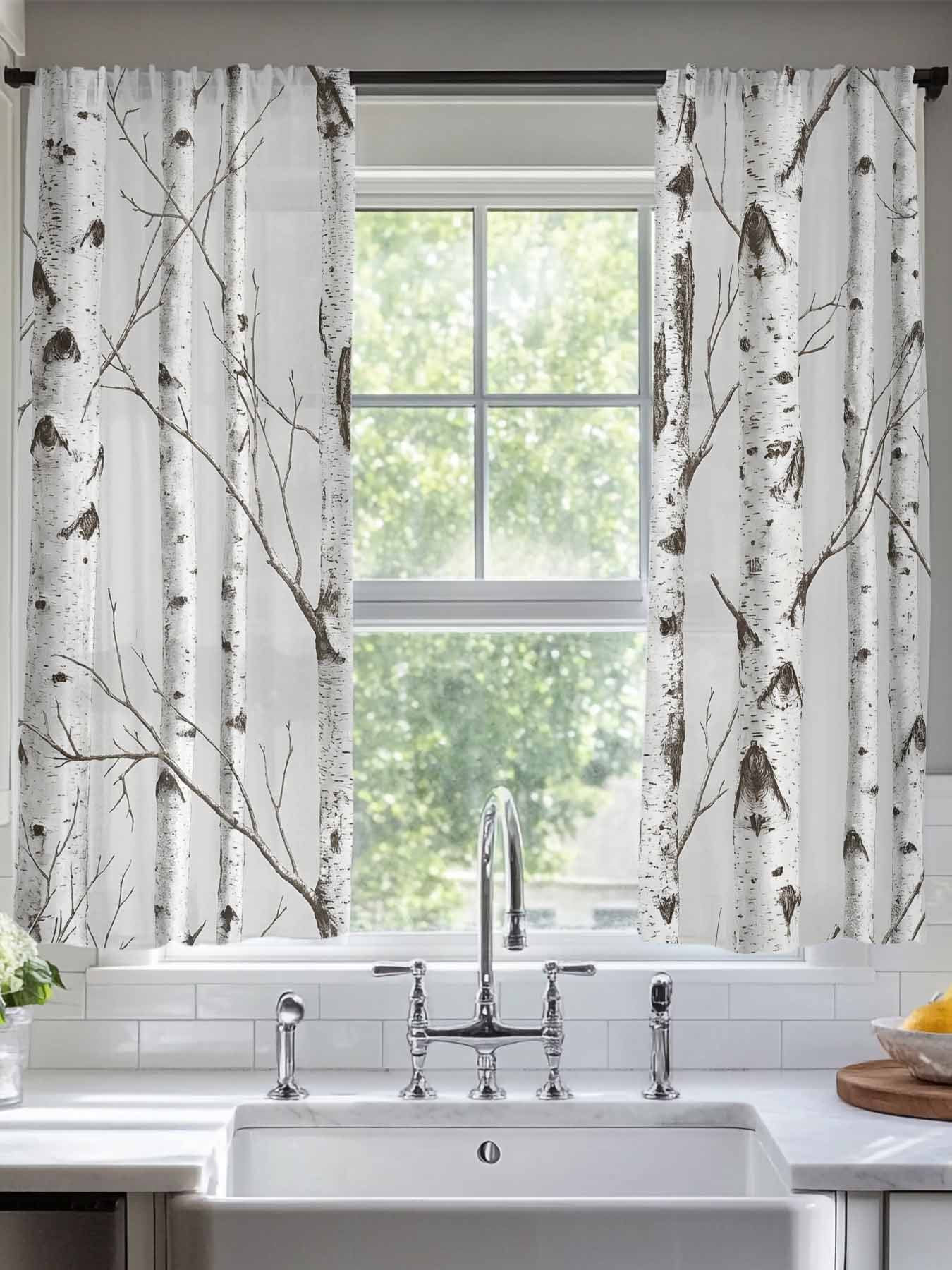 Nature Birch Trees Sheer Curtains 63 inches Long, Modern Gray Modern ...