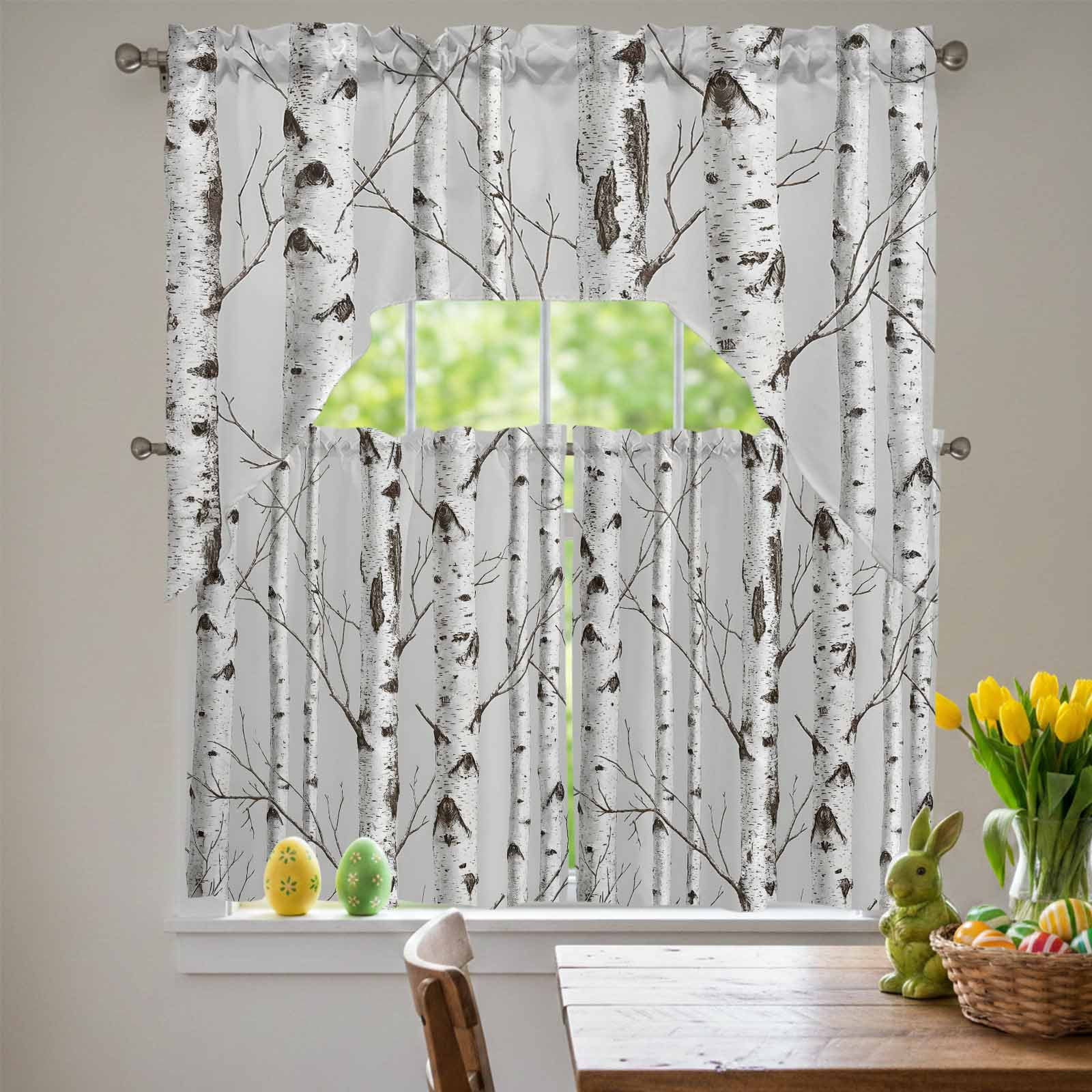 Nature Birch Trees Swag Curtains Valance & Tier Set, Modern Gray Modern ...