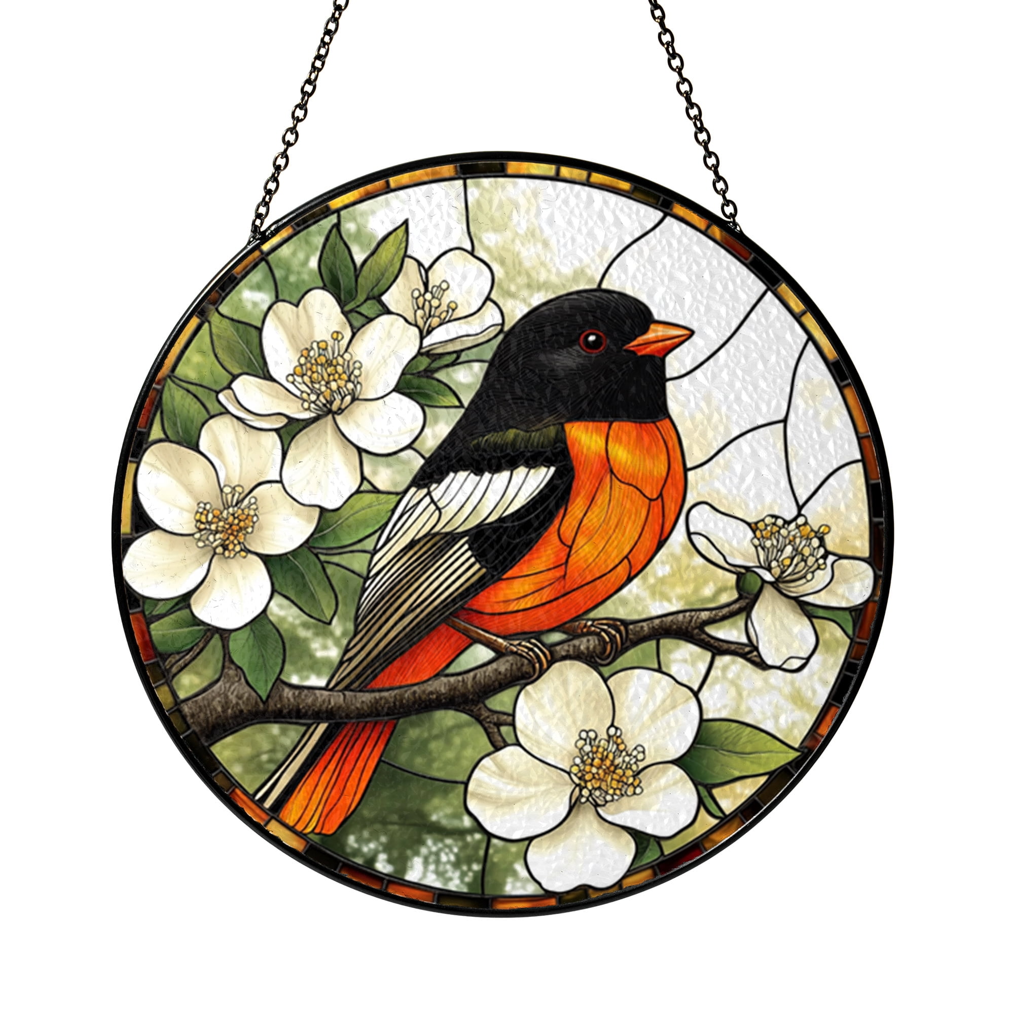 Nature Bird Stained Glass Style Window Suncatcher, Oriole Flower Art ...