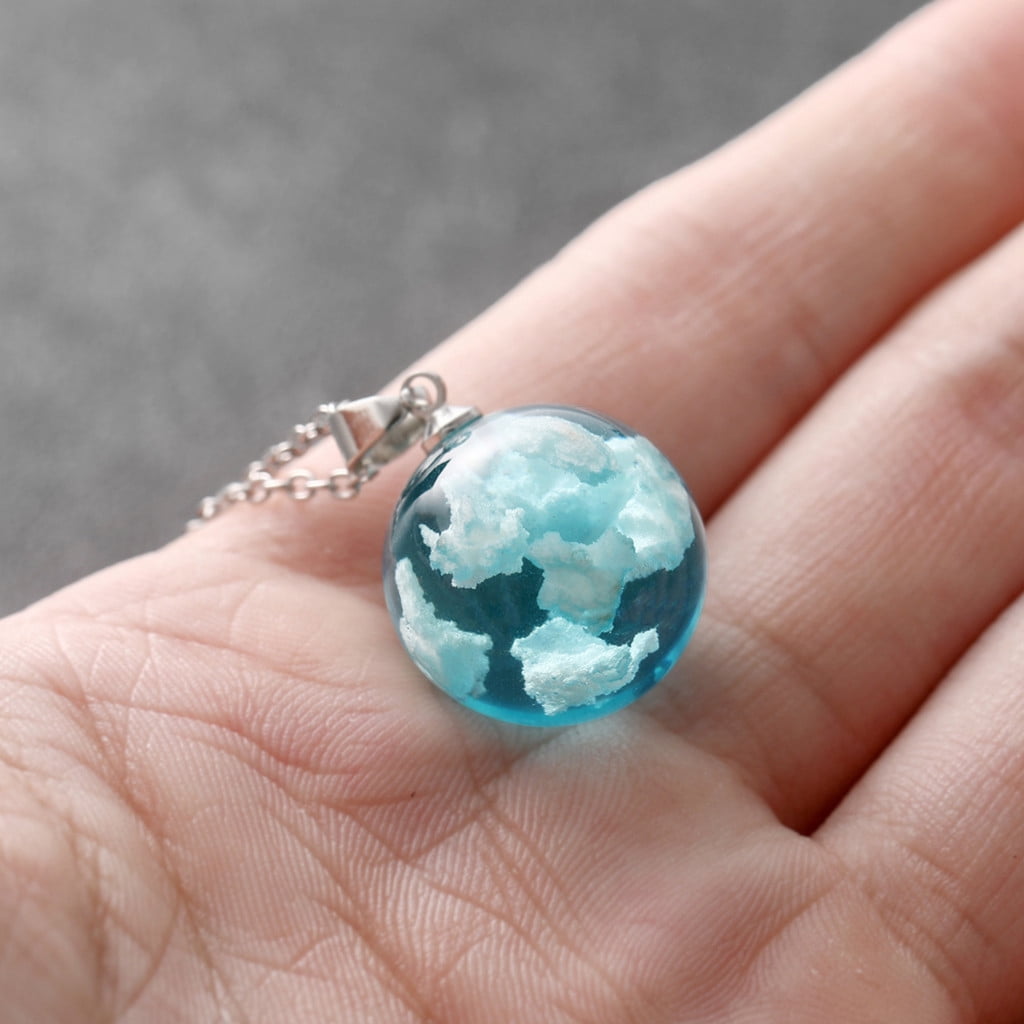 Nature Blue Sky White Cloud Resin Ball Pendant Necklace, For Women ...