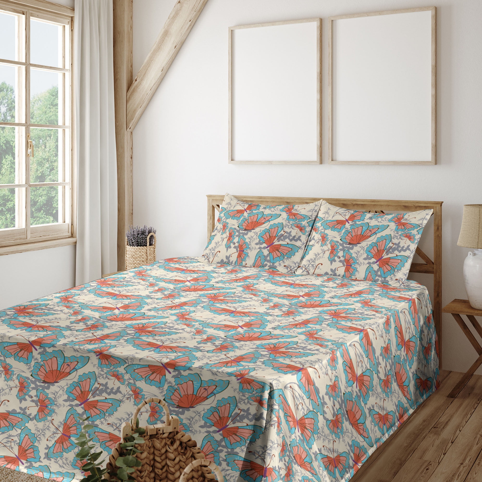 Nature Boho Sheet Set, Simple Design Drawn Butterfly Pattern with ...