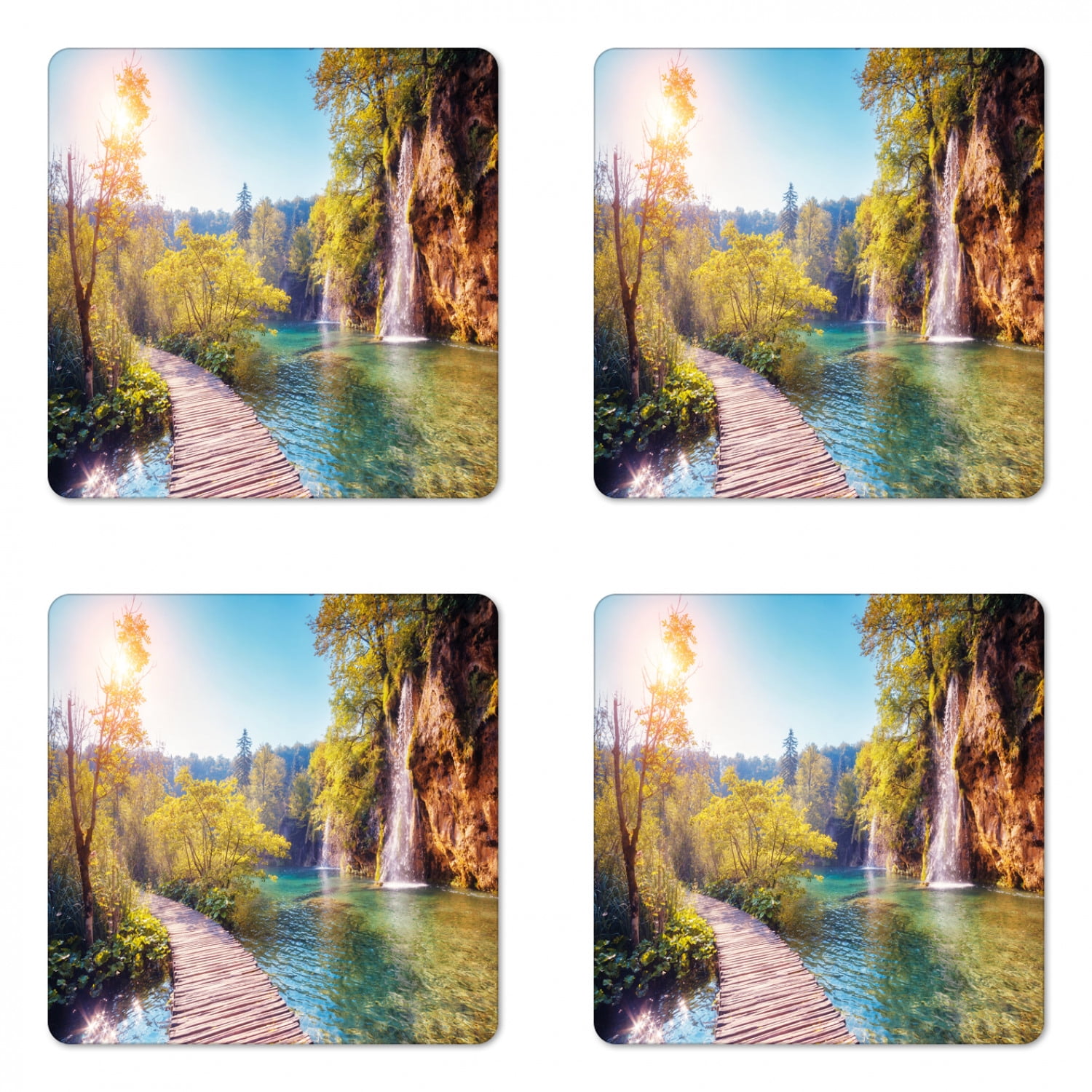 Nature Coaster Set of 4, Idyllic Lake with Waterfall Flowing down the ...