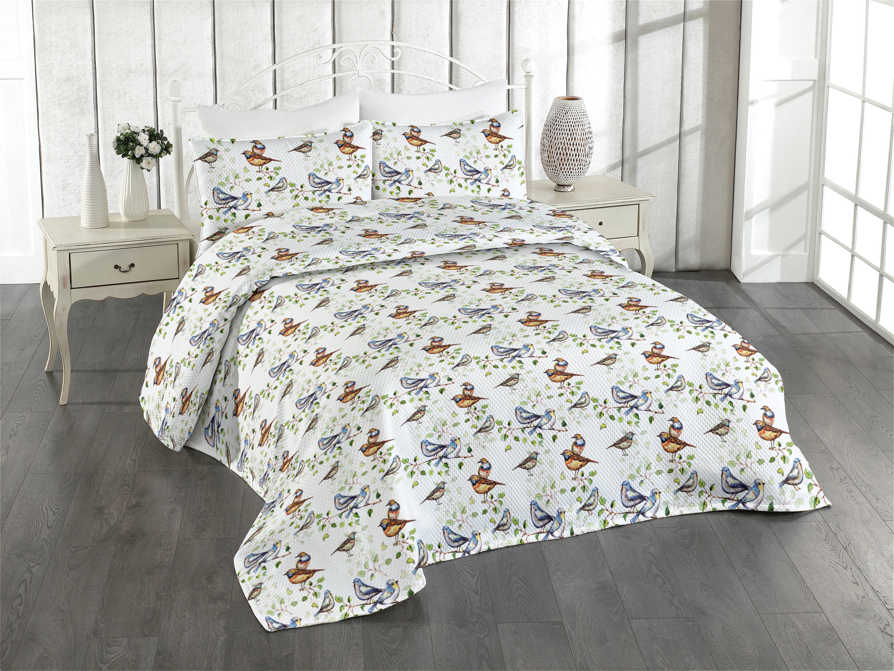 Nature Coverlet, Spring Inspired Birds on Branches Watercolor Style ...