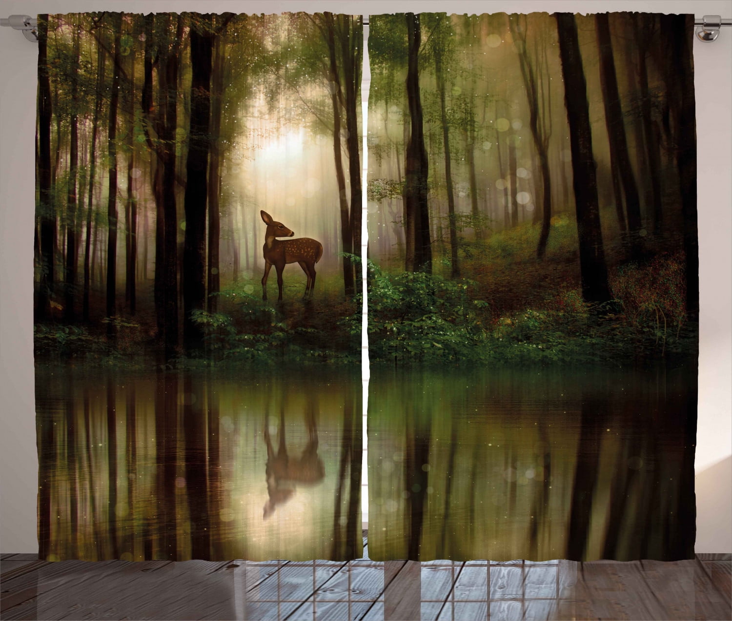 Ambesonne Forest Curtains 2 Panel Set, Deer Foggy Lake, 108" x 90 ...