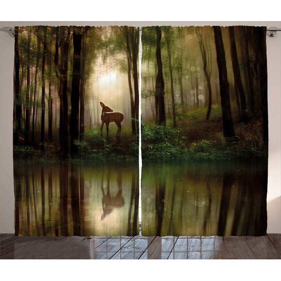 Ambesonne Forest Curtains 2 Panel Set, Deer Foggy Lake, 108" x 90 ...