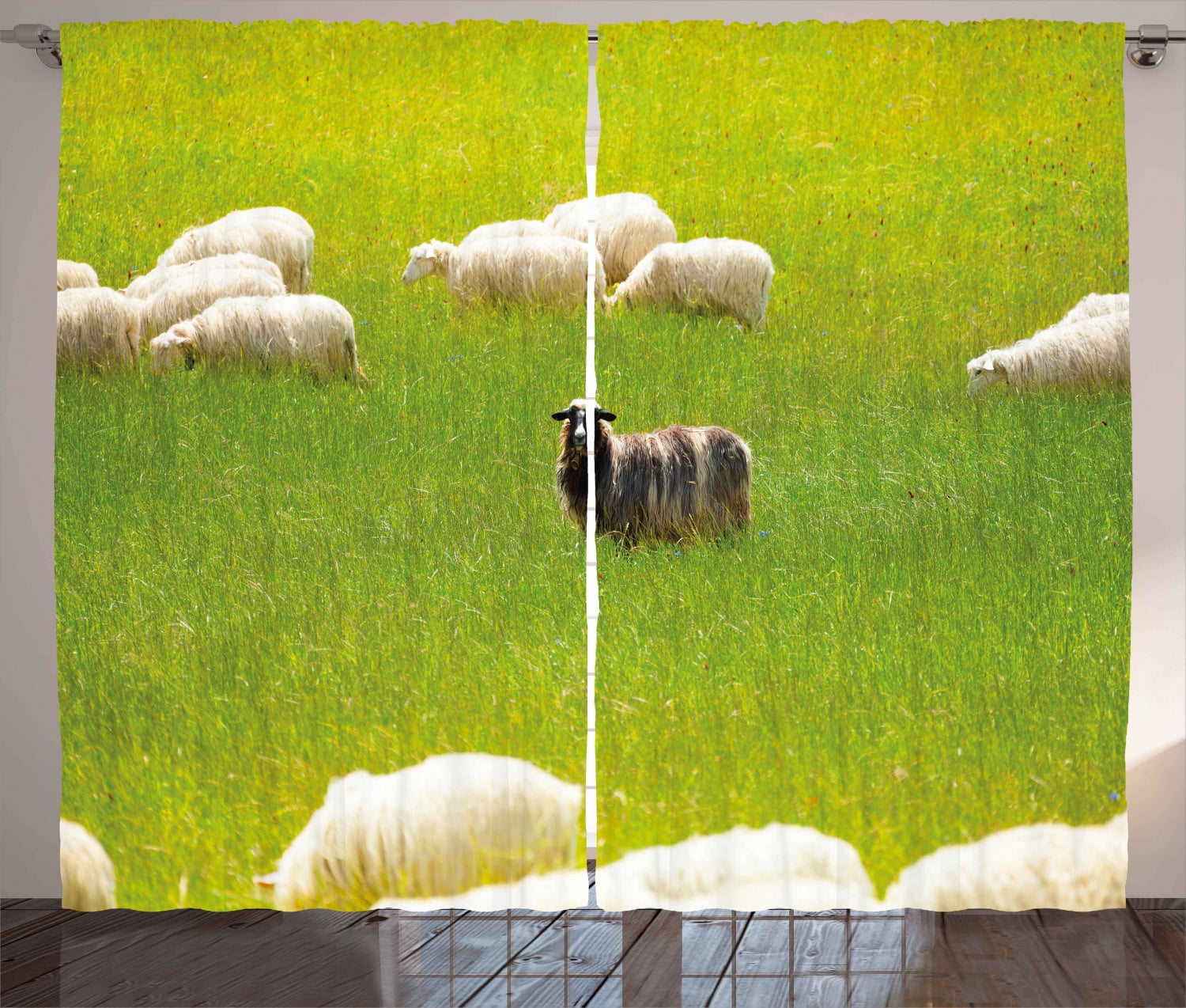 Ambesonne Nature Curtains 2 Panel Set, Black Sheep White Goats, 108" x ...