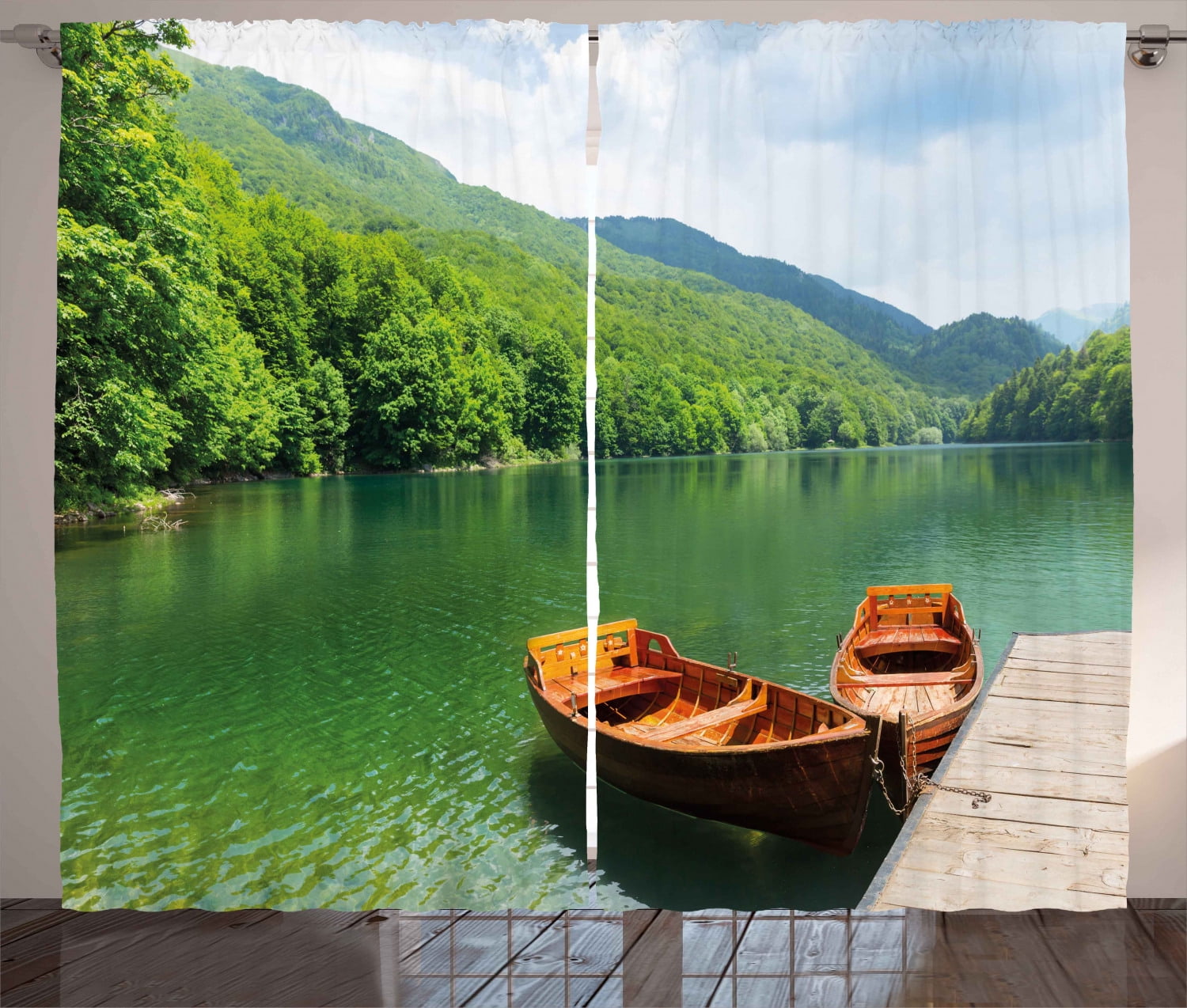 Ambesonne Nature Curtains 2 Panel Set, Boats Lake Forest Serene, 108" x ...