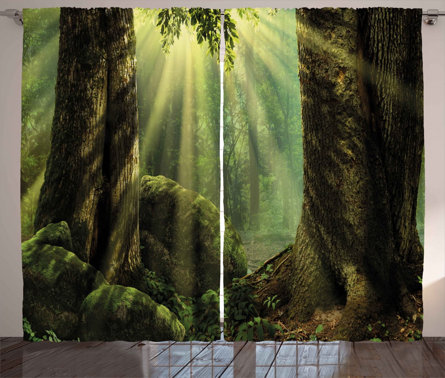 Ambesonne Forest Curtains 2 Panel Set, Sunbeam Moss Tree Bodies, 108" x ...