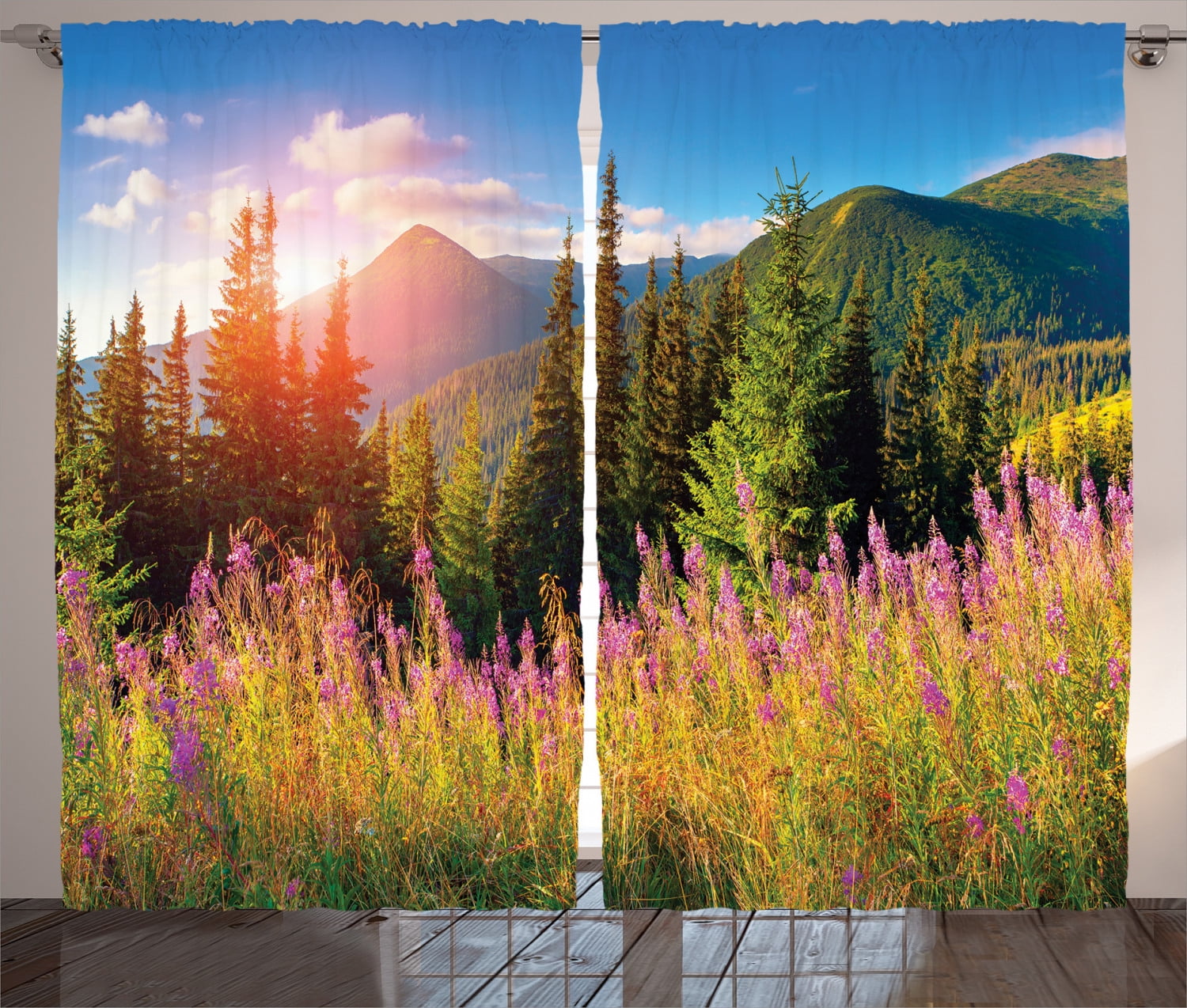 Ambesonne Nature Curtains 2 Panel Set, Spring Flowers Mountain, 108" x ...