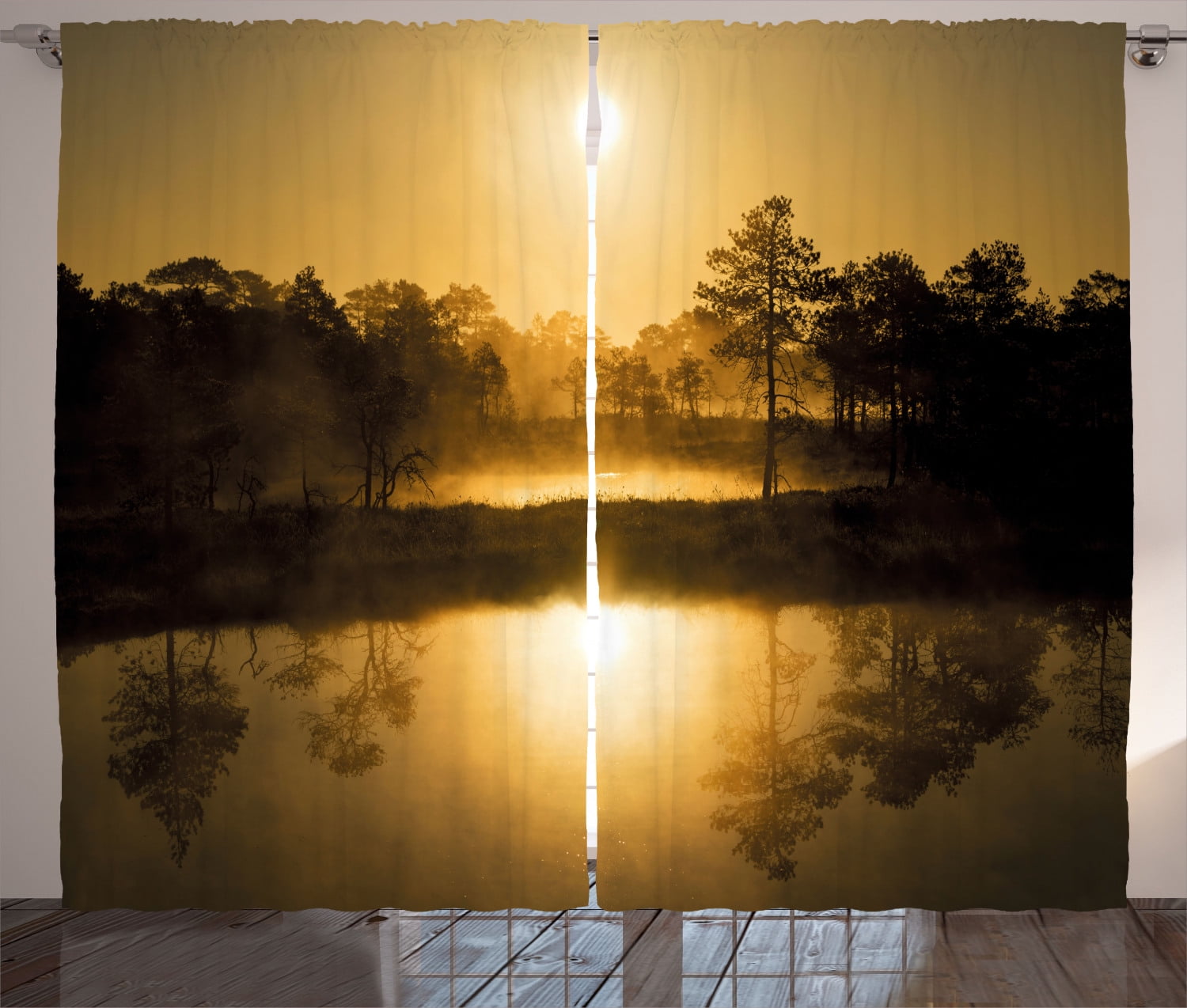 Ambesonne Scenery Curtains 2 Panel Set, Idyllic Sunrise Morning, 108" x ...