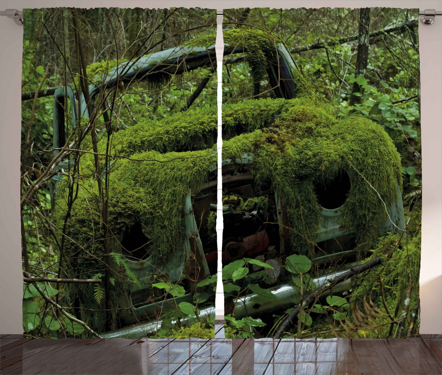 Ambesonne Vintage Curtains 2 Panel Set, Old Classic Car Forest, 108