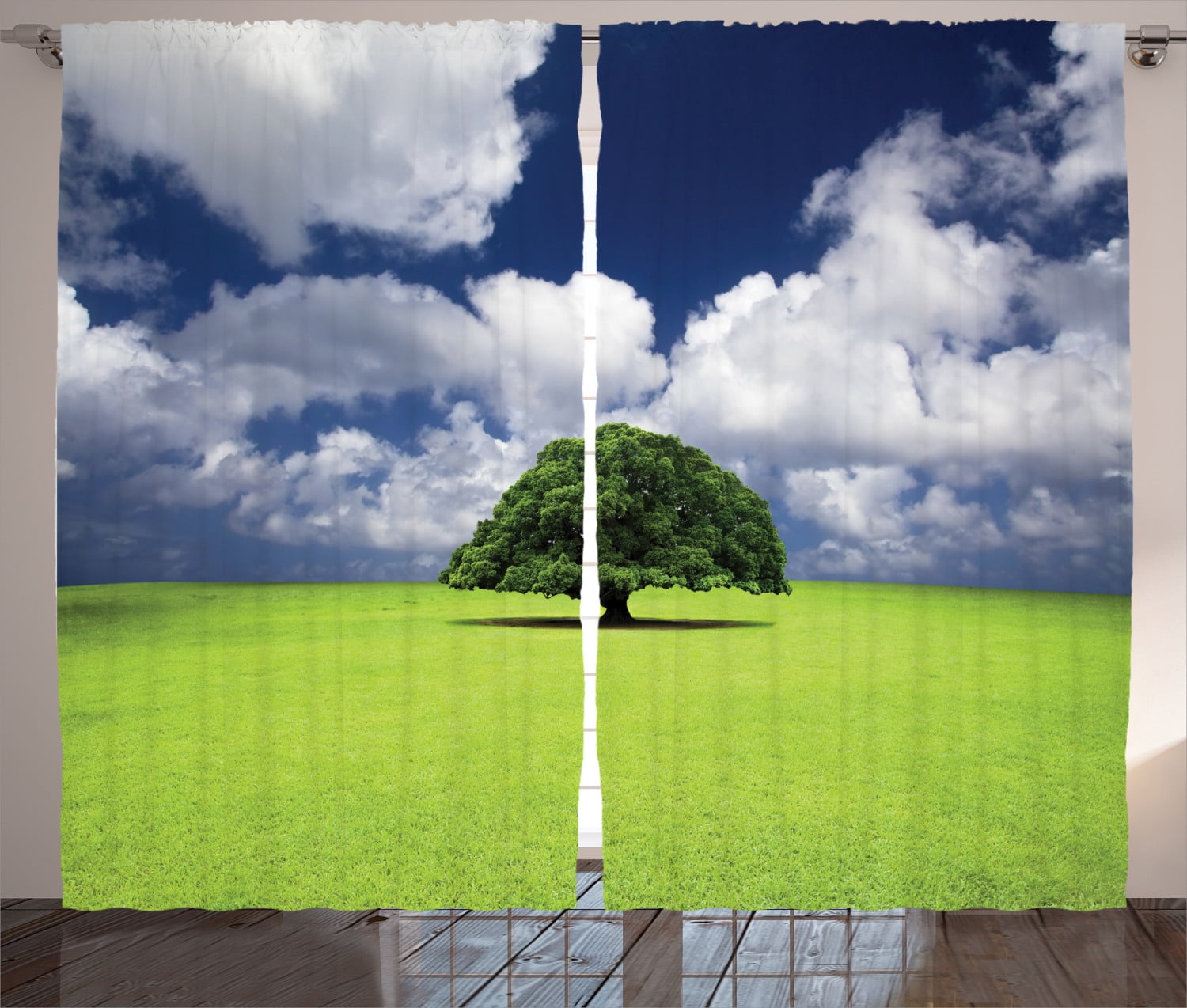 Ambesonne Nature Curtains 2 Panel Set, Old Tree in Grass Field, 108" x ...