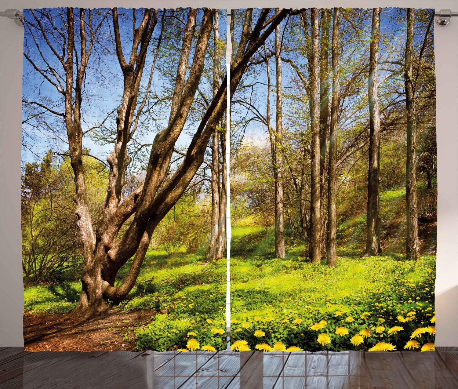 Ambesonne Nature Curtains 2 Panel Set, Spring Forest Flowers, 108" x 84 ...