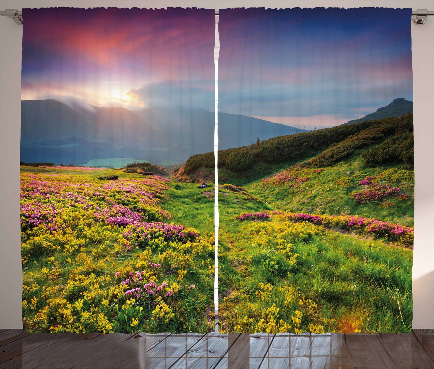 Ambesonne Nature Curtains 2 Panel Set, Summer Scene Flowers, 108" x 84 ...