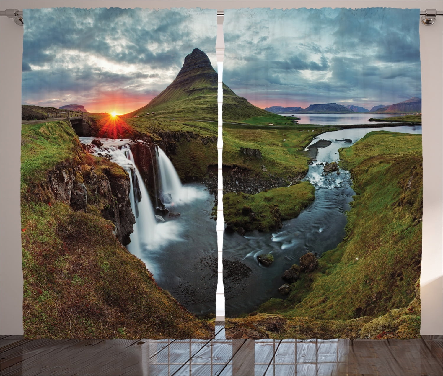 Ambesonne Nature Curtains 2 Panel Set, Cascade Stream Wildlife, 108" x ...