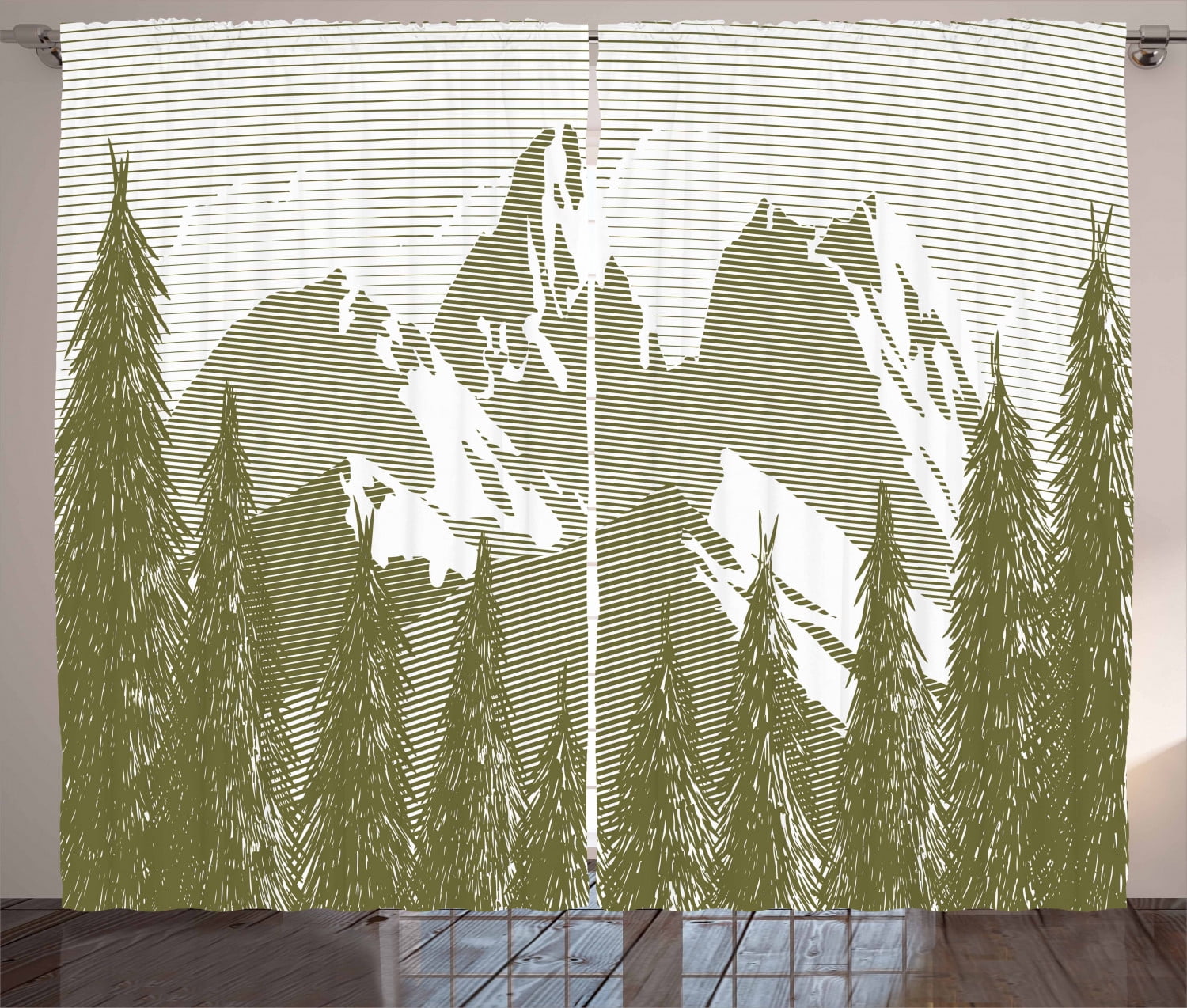 Ambesonne Nature Curtains 2 Panel Set, Woodcut Style Mountain Land, 108 ...