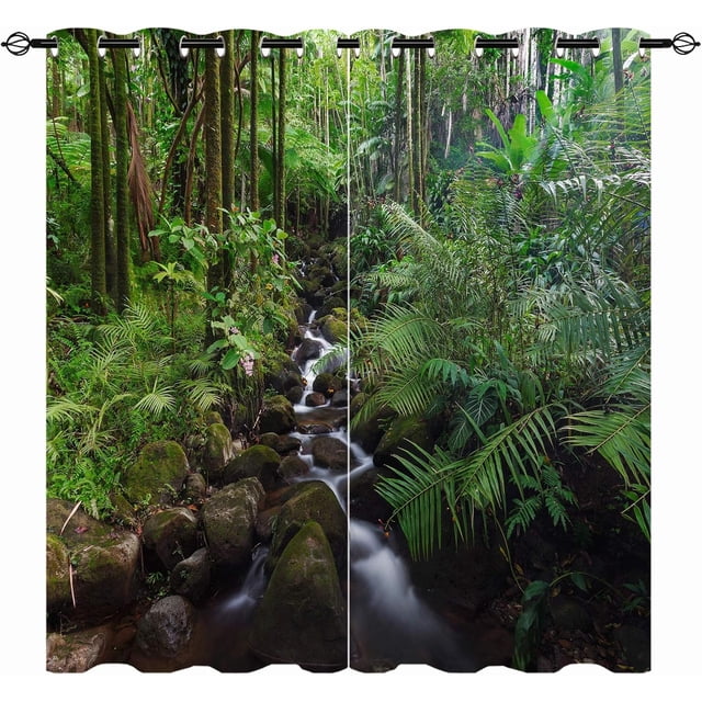 Nature Curtains, Jungle Forest Scenery Waterfall Green Tree Landscape ...
